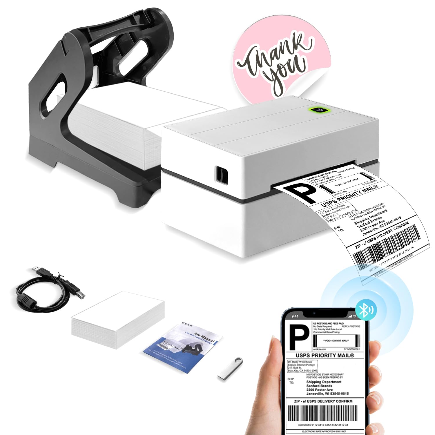 Kurpot Thermal Label Printer, USB/Bluetooth Label Printer with Label ...