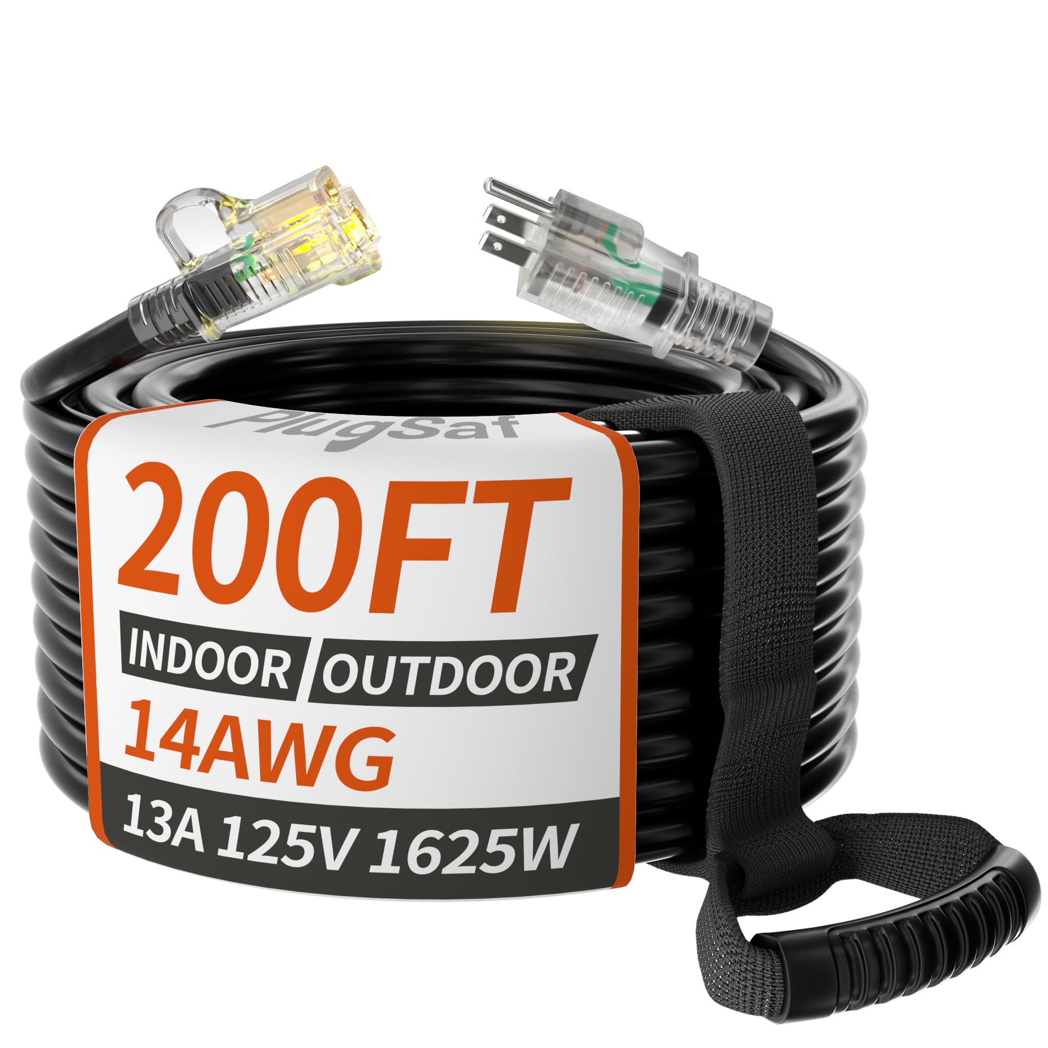 PlugSaf 14/3 Gauge Black Outdoor Extension Cord 200 ft Waterproof with ...