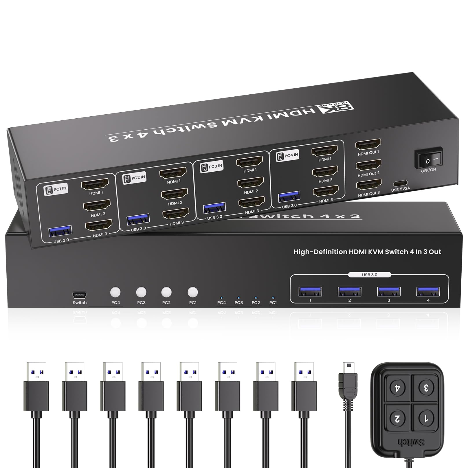 USB 3.0 HDMI KVM Switch 3 Monitors 4 Computers with 4 Port USB 3.0 Hub ...