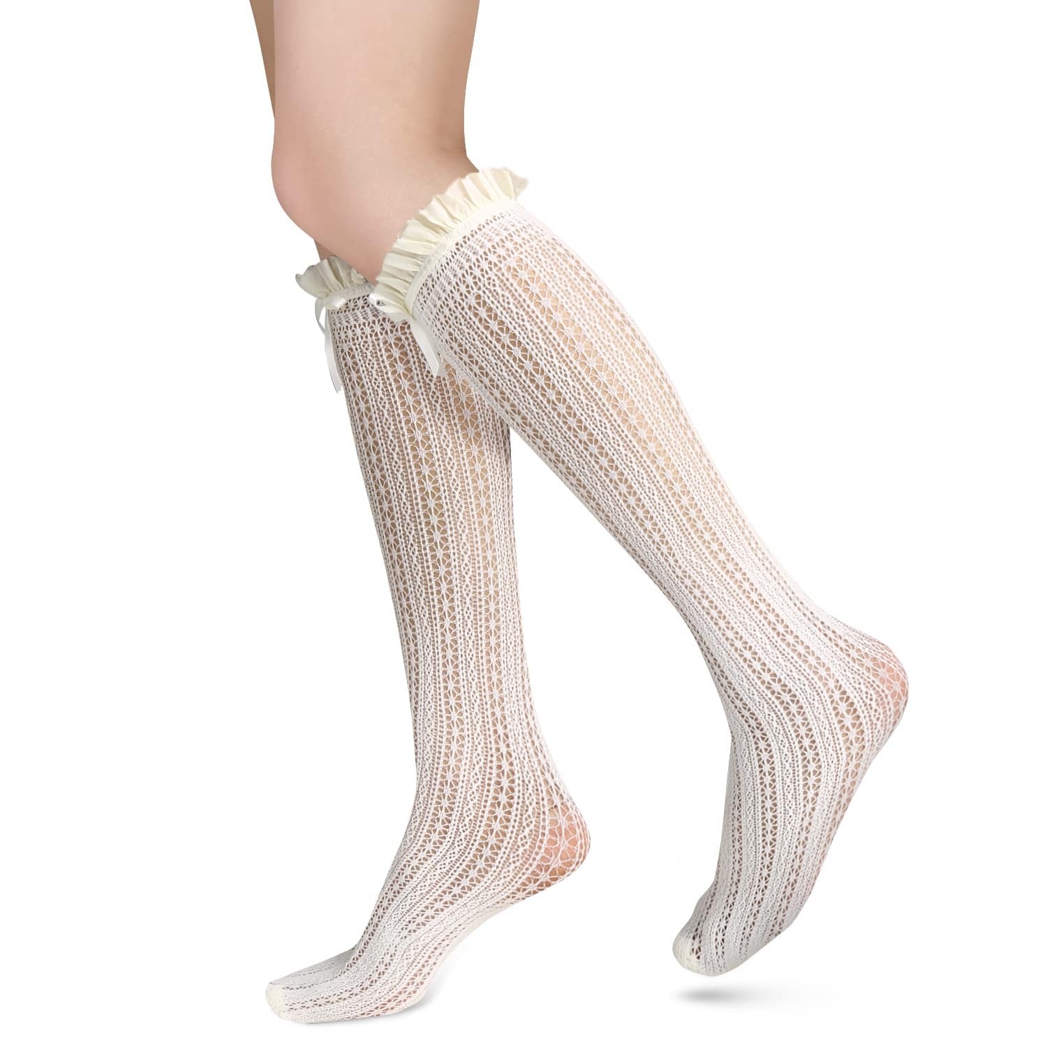 Benefeet Sox Womens Girls White Lace Knee High Socks with Bow Kawaii ...