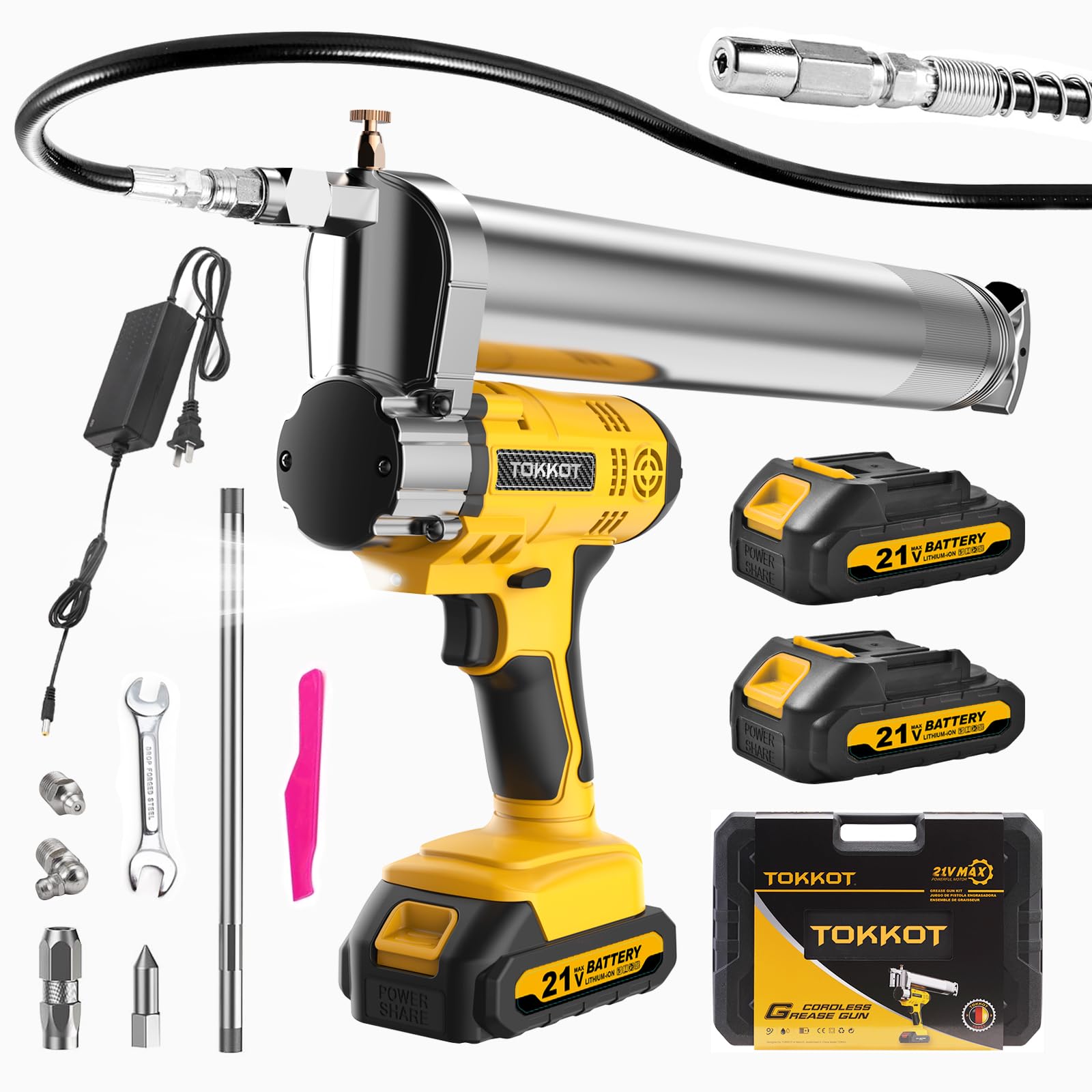 TOKKOT Battery Grease Gun,21V Electric Operated Grease Gun Kit with 2 ...