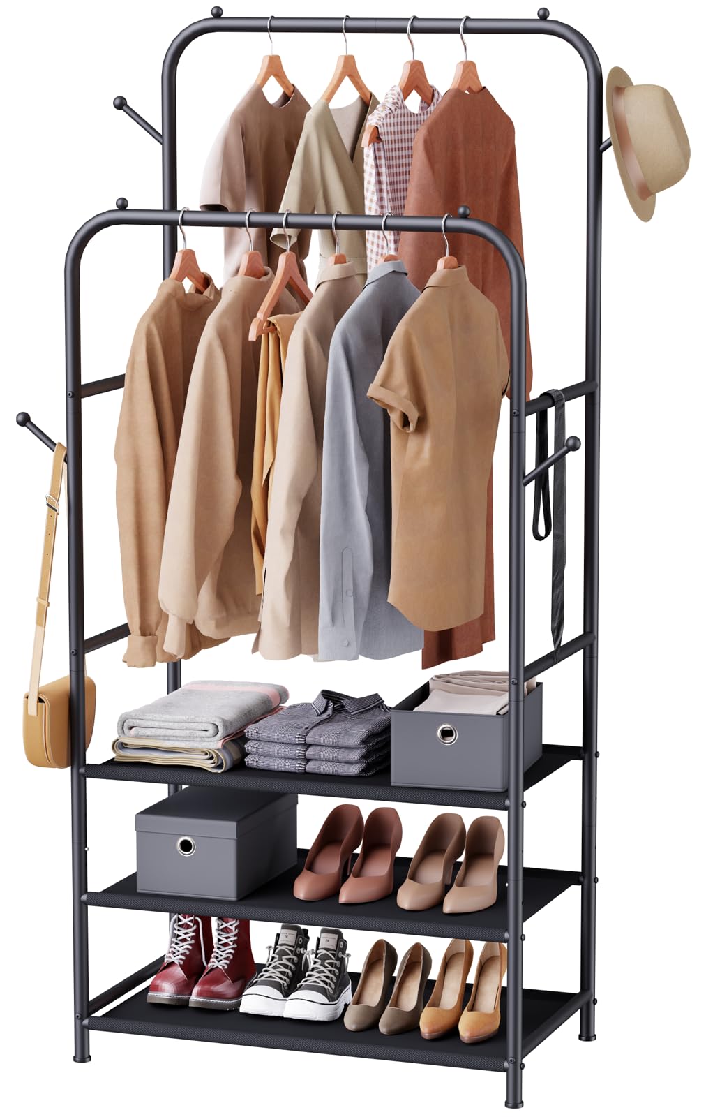 Furologee Double Rods Clothing Garment Rack with 3-Tier Storage Shelf ...