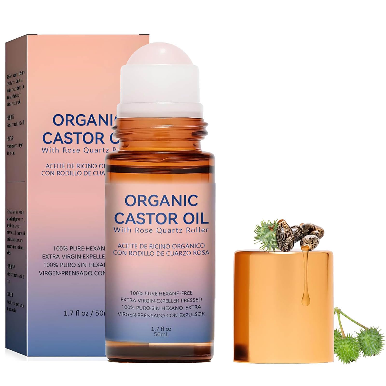 FmekHoc Organic Castor Oil Roll-On, Castor Oil with Rose Quartz, 100% ...