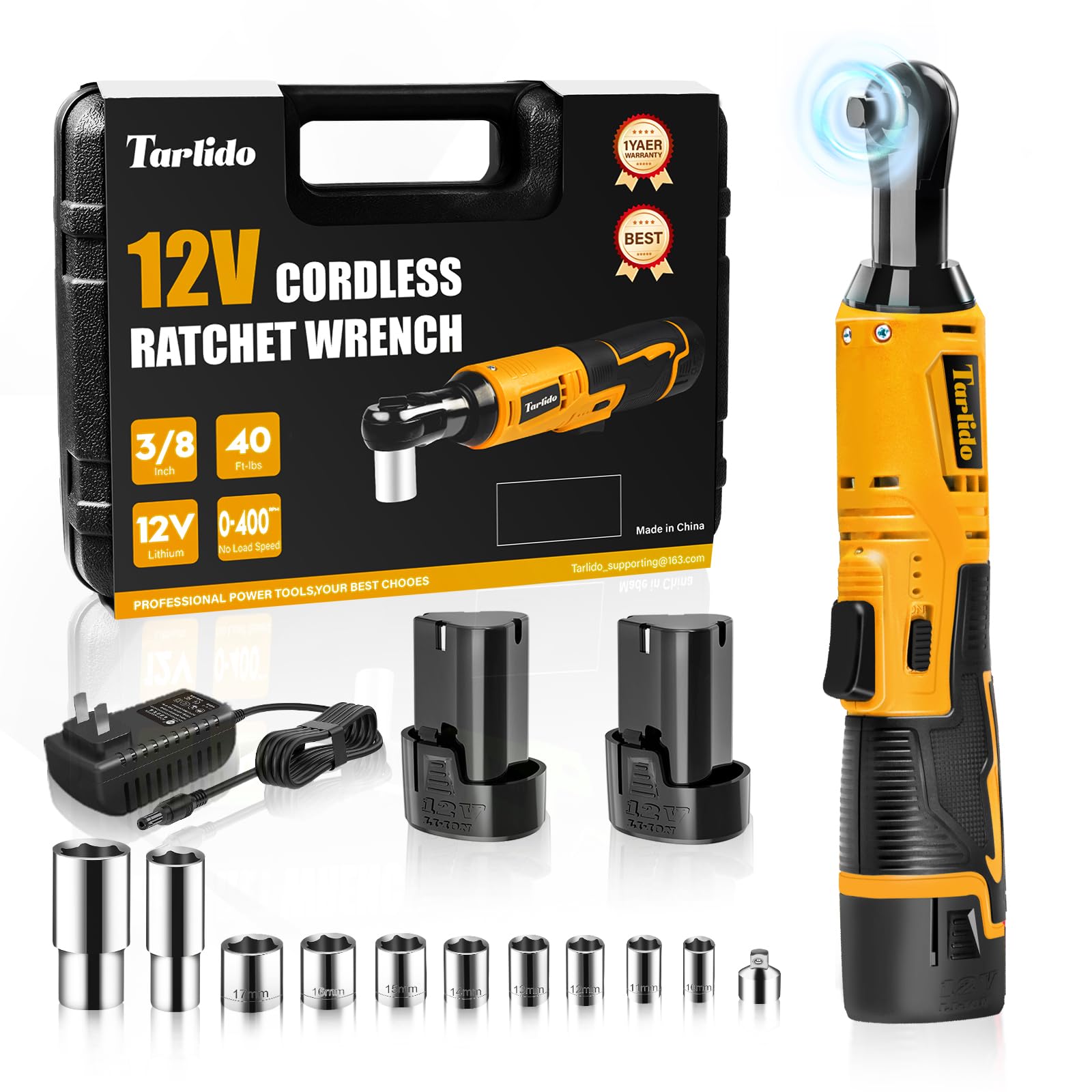 Tarlido Cordless Electric Ratchet Wrench, 3/8" 12V Battery Powered ...