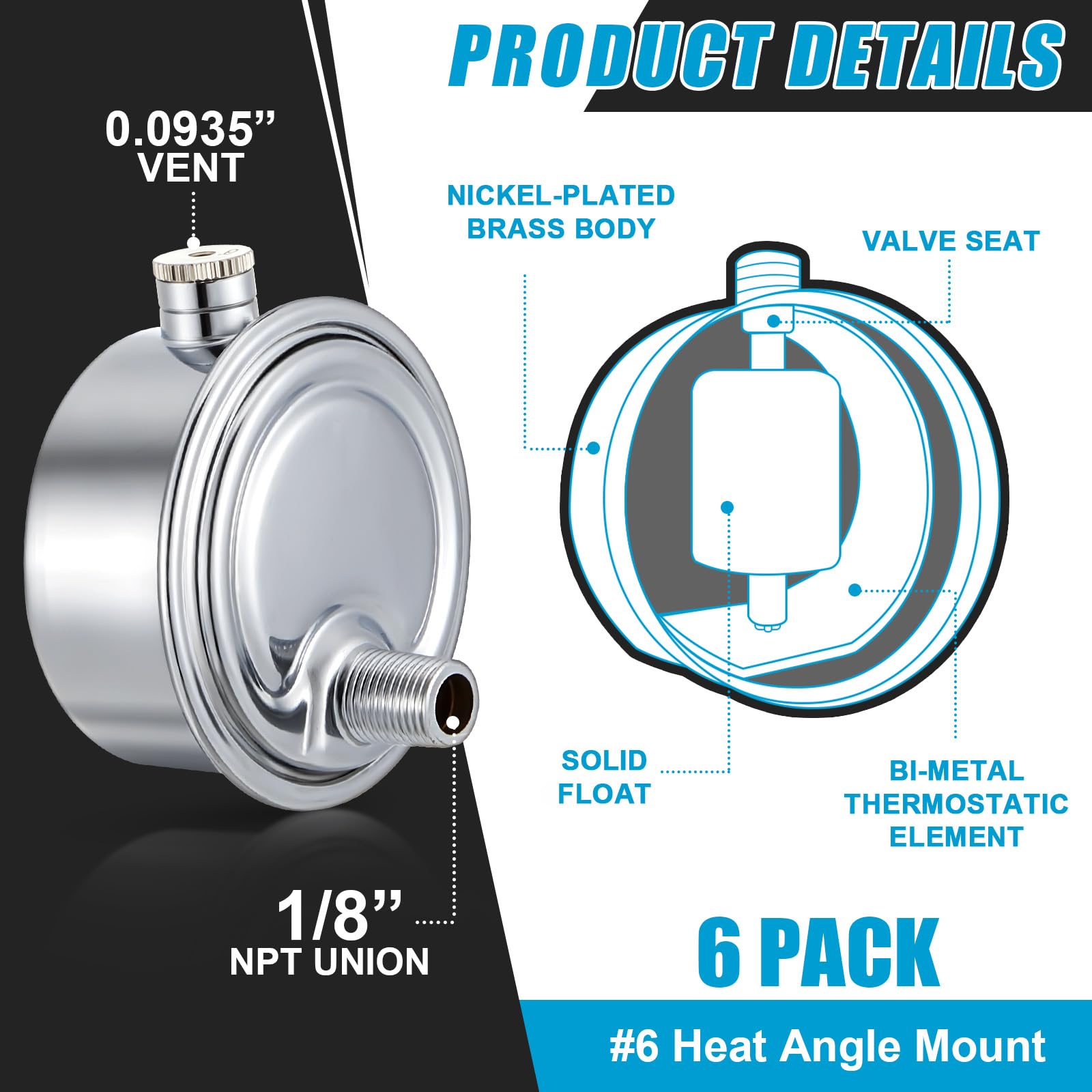 Gisafai 6 Pack Steam Radiator Air Valve #6 1/8 Inch Steam Air Vent ...