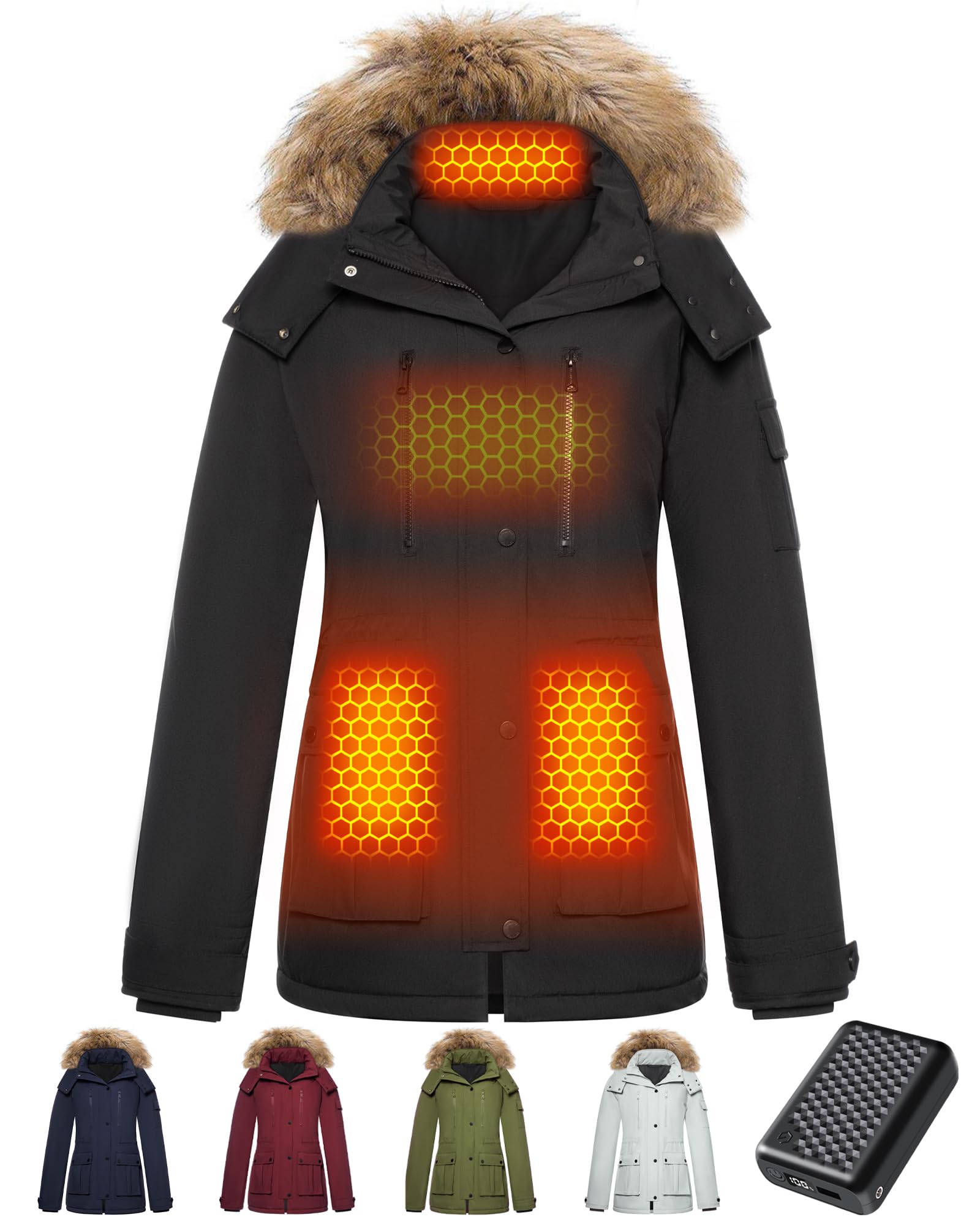 Women Puffer Graphene Heated Jacket Rechargeable Battery Pack Charger ...