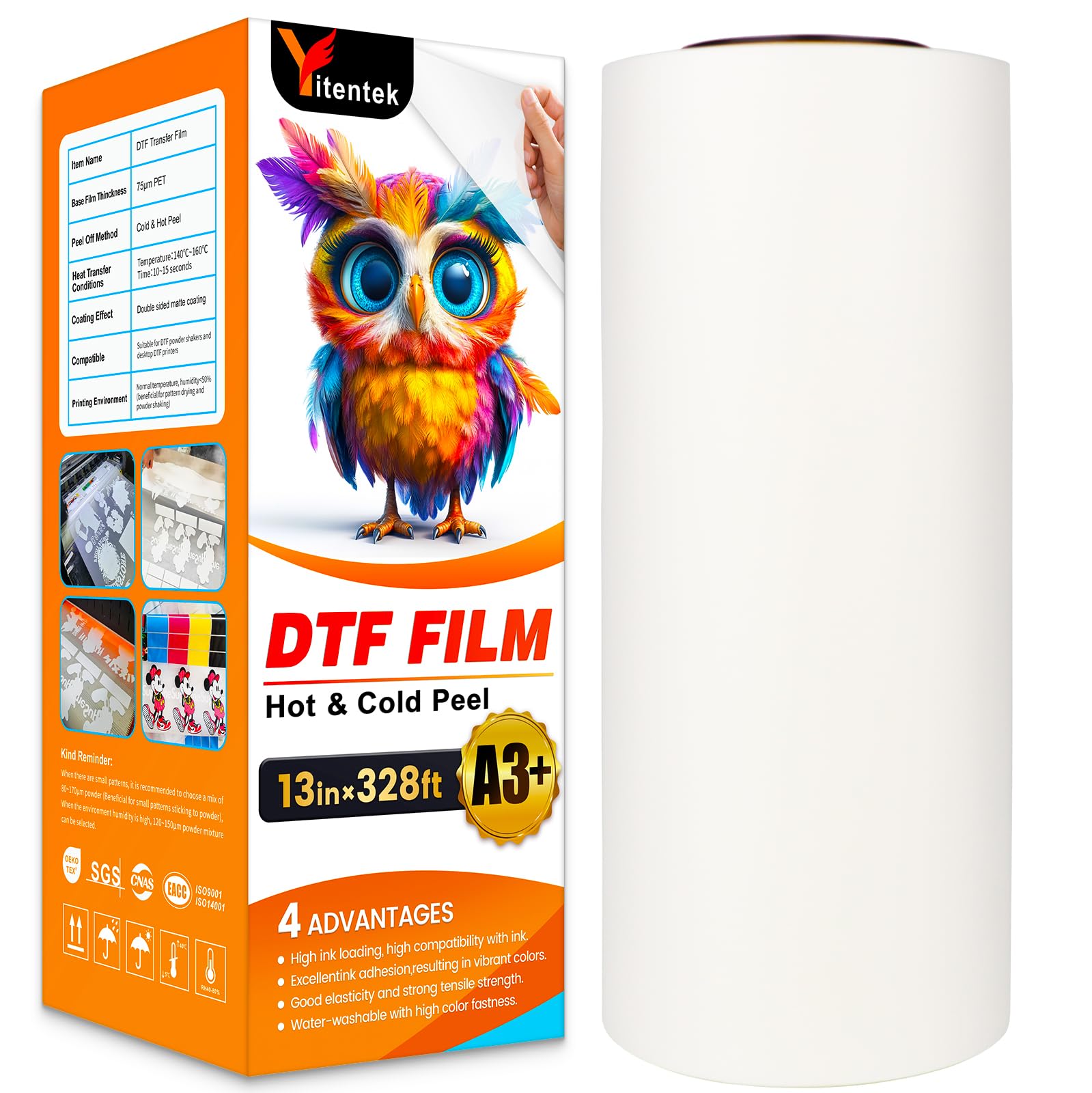 Yitentek DTF Film Roll | A3+ DTF Transfer Film Roll | 13" x 328' Double Sided Matte PreTreat PET ...