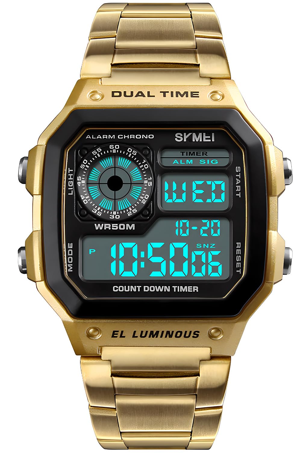 PASOY Men's Gold Digital Watches for Men Stainless Steels Alarm ...