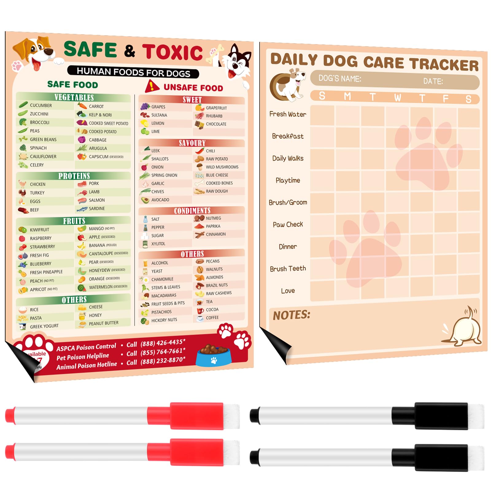 Pasimy 2 Pcs Dog Feeding Food Chart Magnet Safe and Toxic Foods List ...