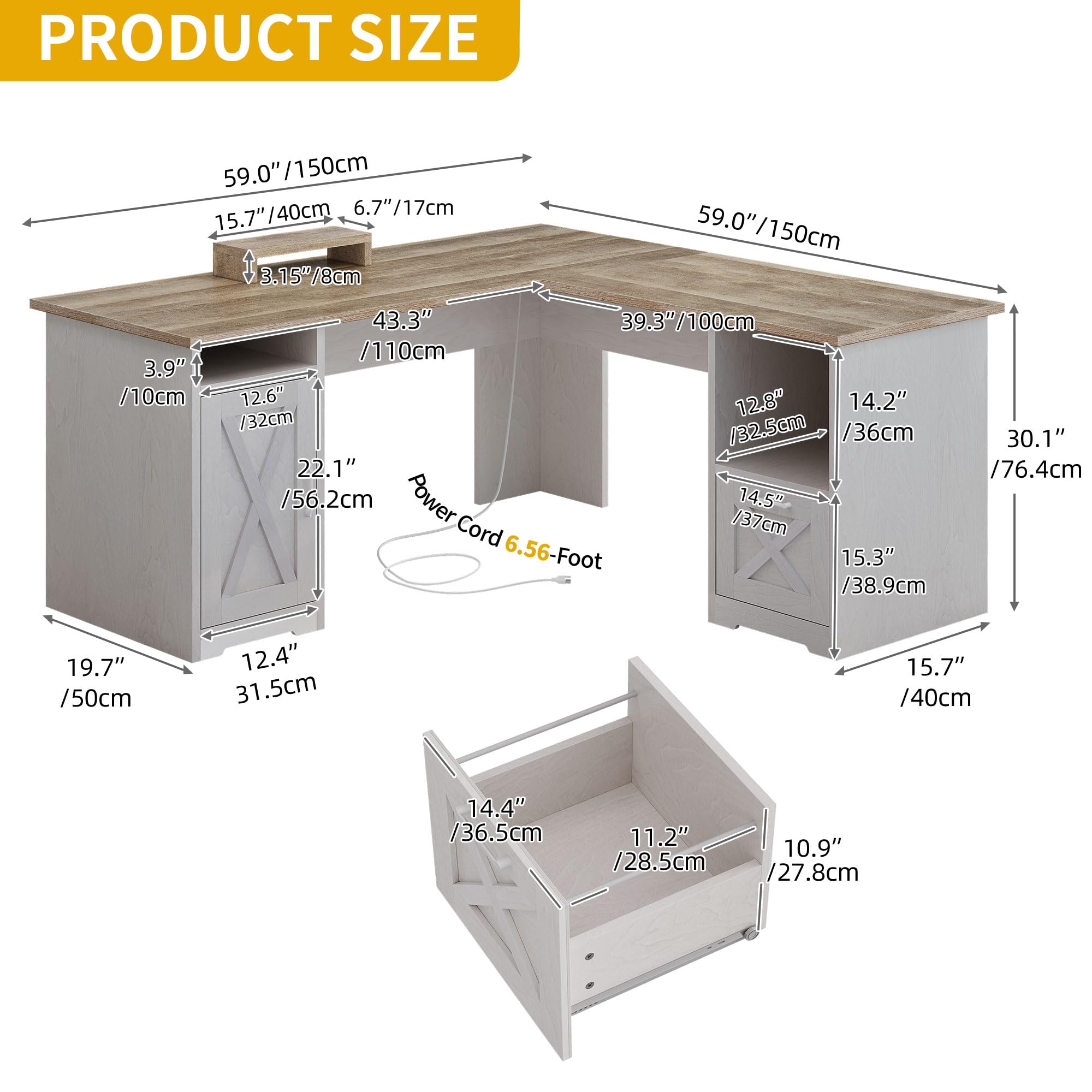 DWVO L Shaped Desk with File Drawer, 60" Corner Computer Desk with ...