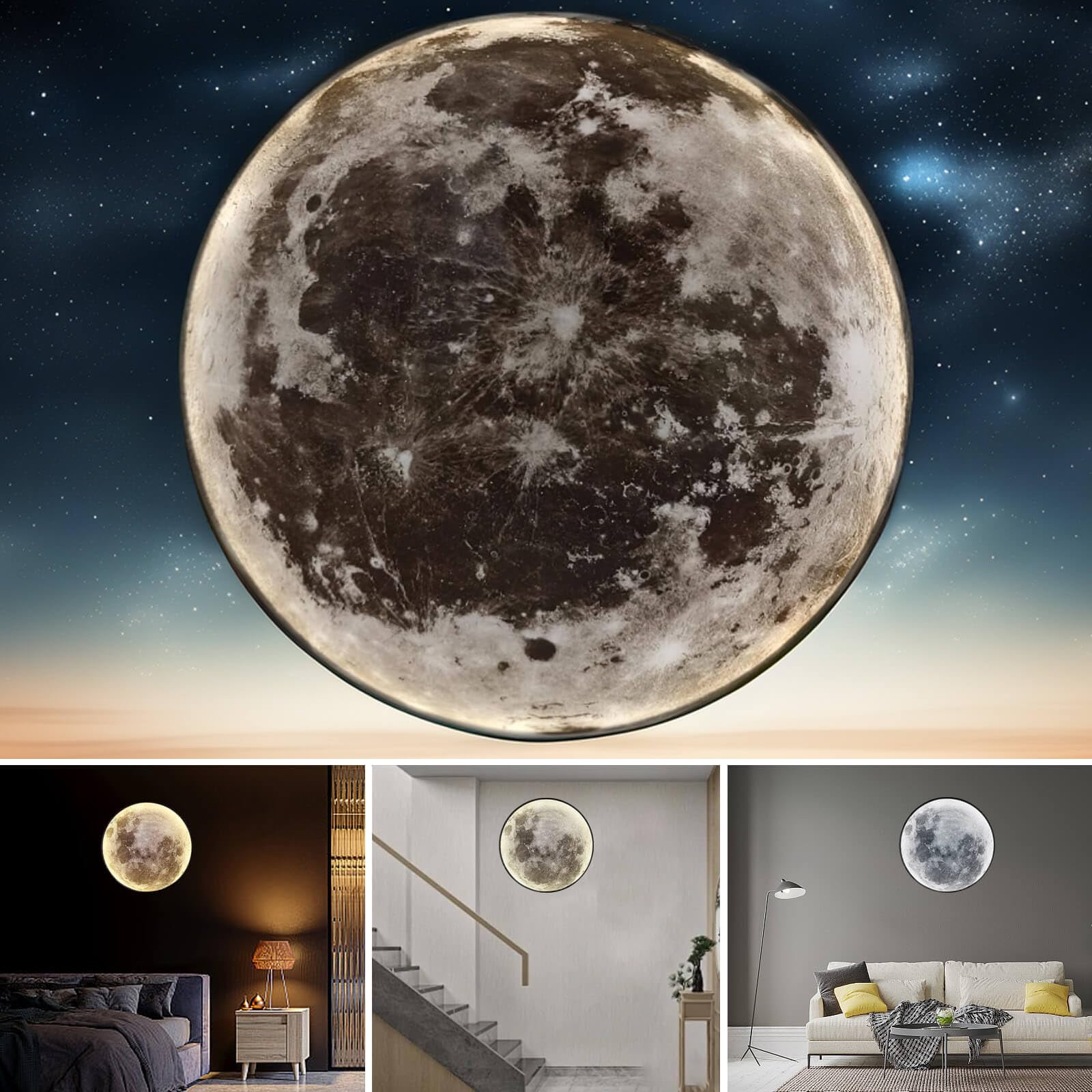 Dimmable Moon Wall Lamp, Rechargeable Battery Operated Wall Sconce Moon ...