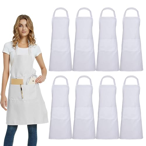 DUSKCOVE 8 Pack Bib Aprons Bulk - Unisex White Commercial Apron with 2 ...