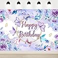 Amazon.com : Retyshia Purple Happy Birthday Backdrop Purple Butterfly Birthday Backdrop for Girl ...