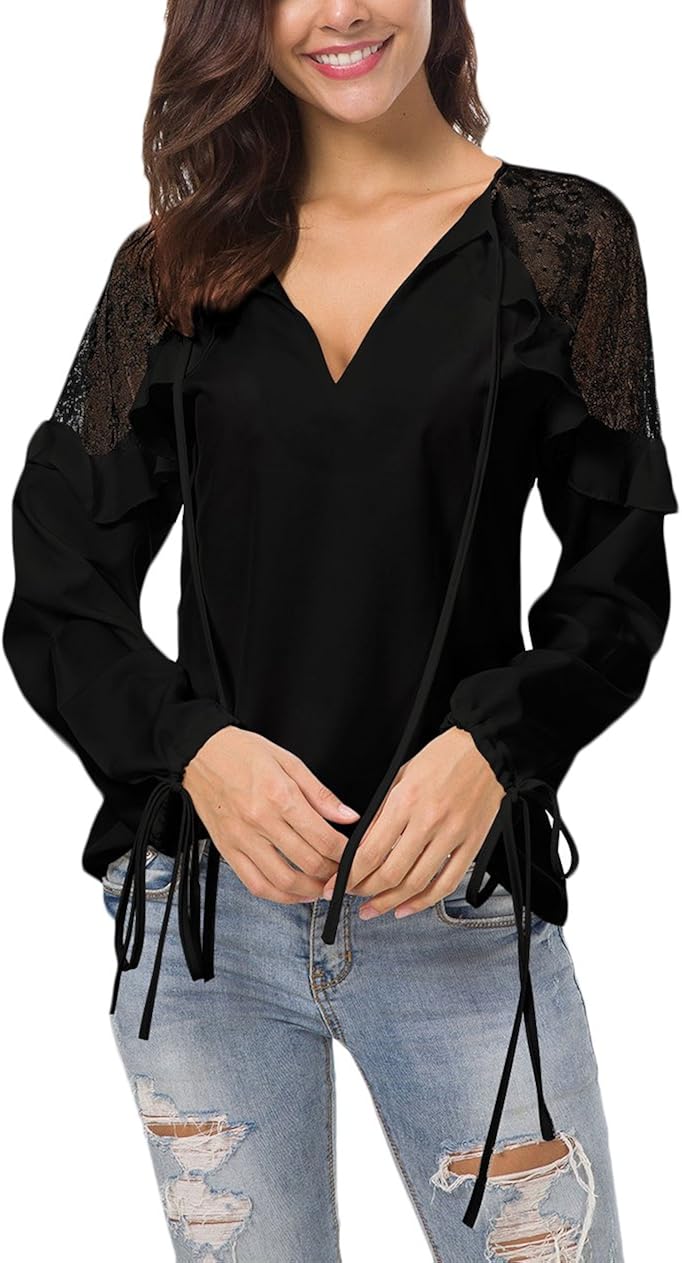 Camicetta Donna Elegante Camicia di Chiffon in Pizzo con Volant Manica ...