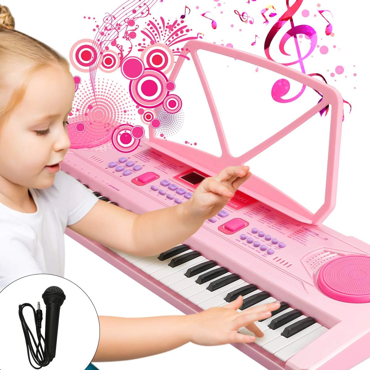 Kids Piano Keyboard, 61 Keys Multi-Function Electronic Kids Pink Piano ...
