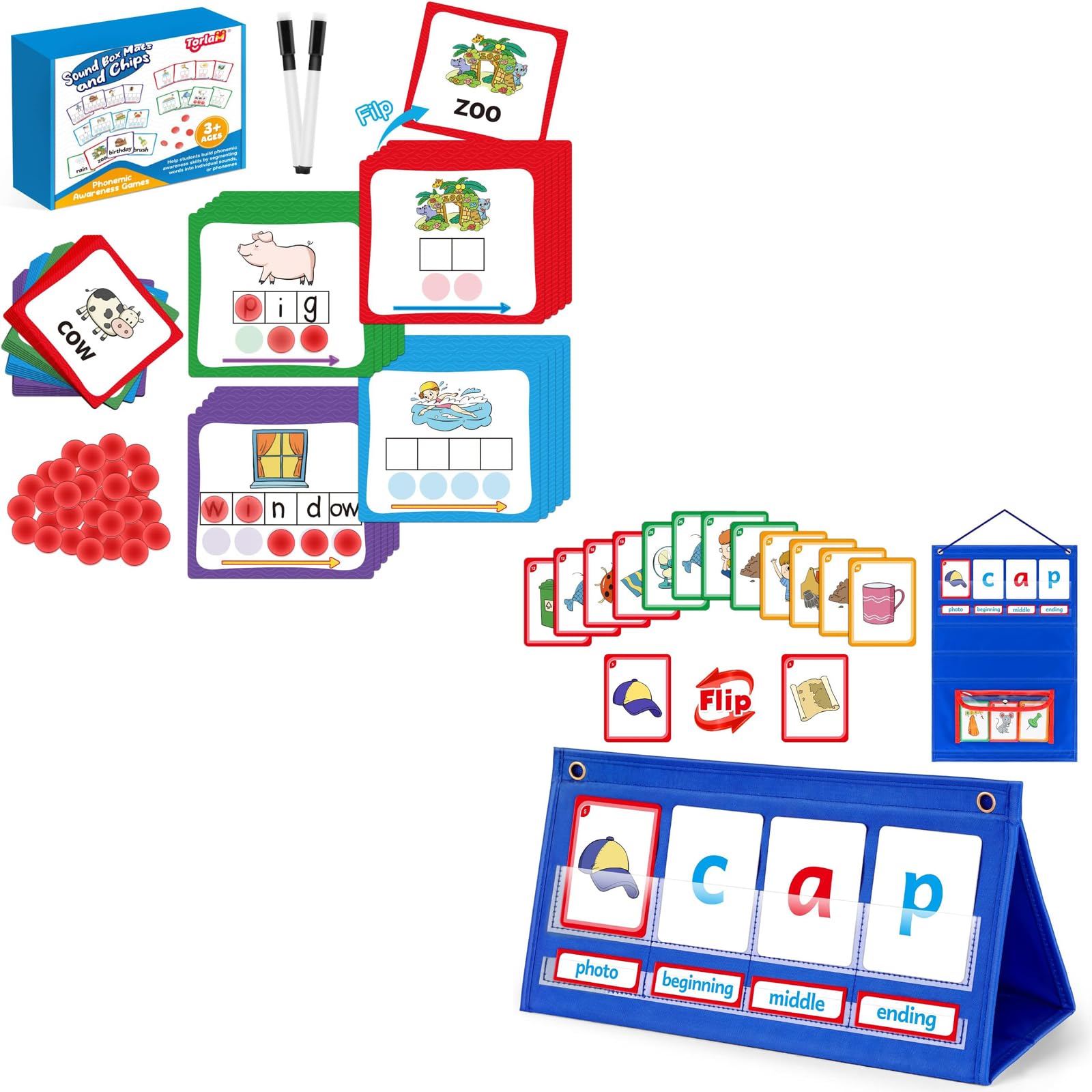 Mua Torlam Elkonin Boxes Phonemic Awareness Phonics Games Sight Words Flash Cards, CVC Word ...