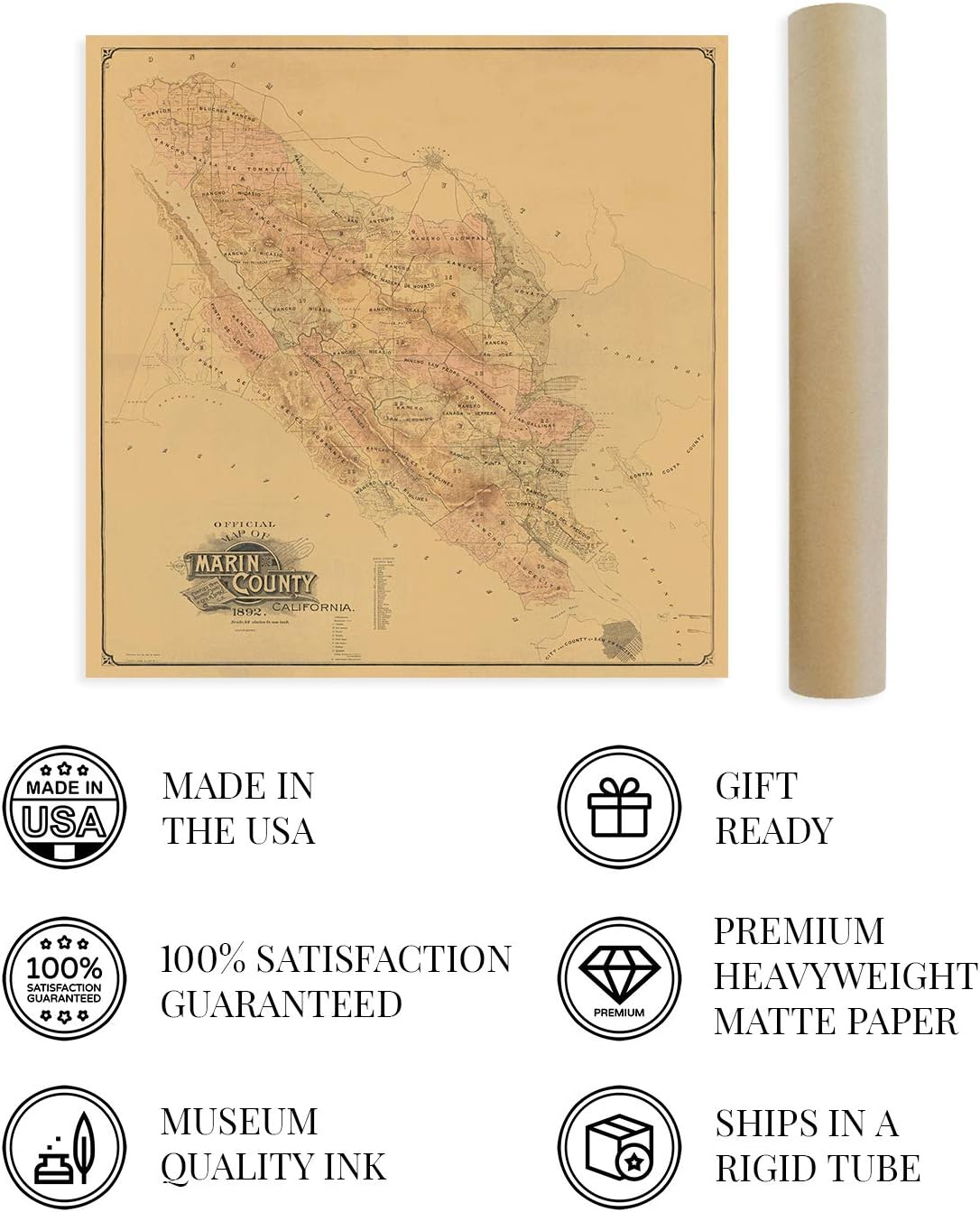 1892 Marin County CA Poster Map - Vintage Marin County California Wall ...