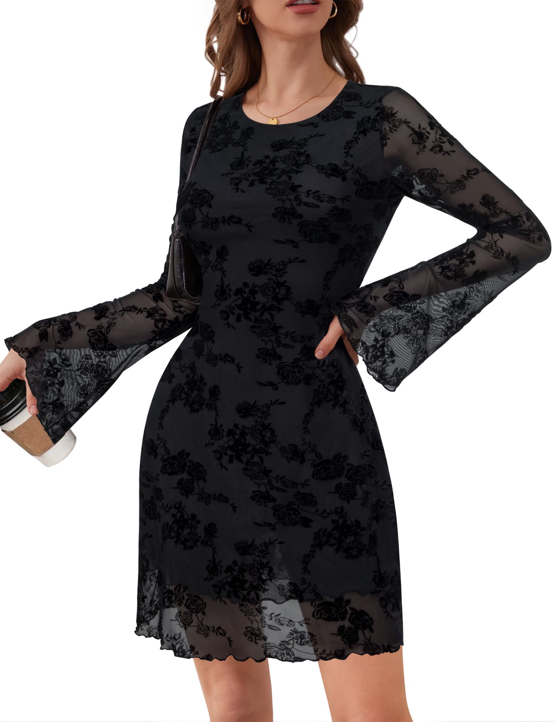 Nitzana Women's Leopard Print Floral Mesh Dress Bell Long Sleeve Fall ...