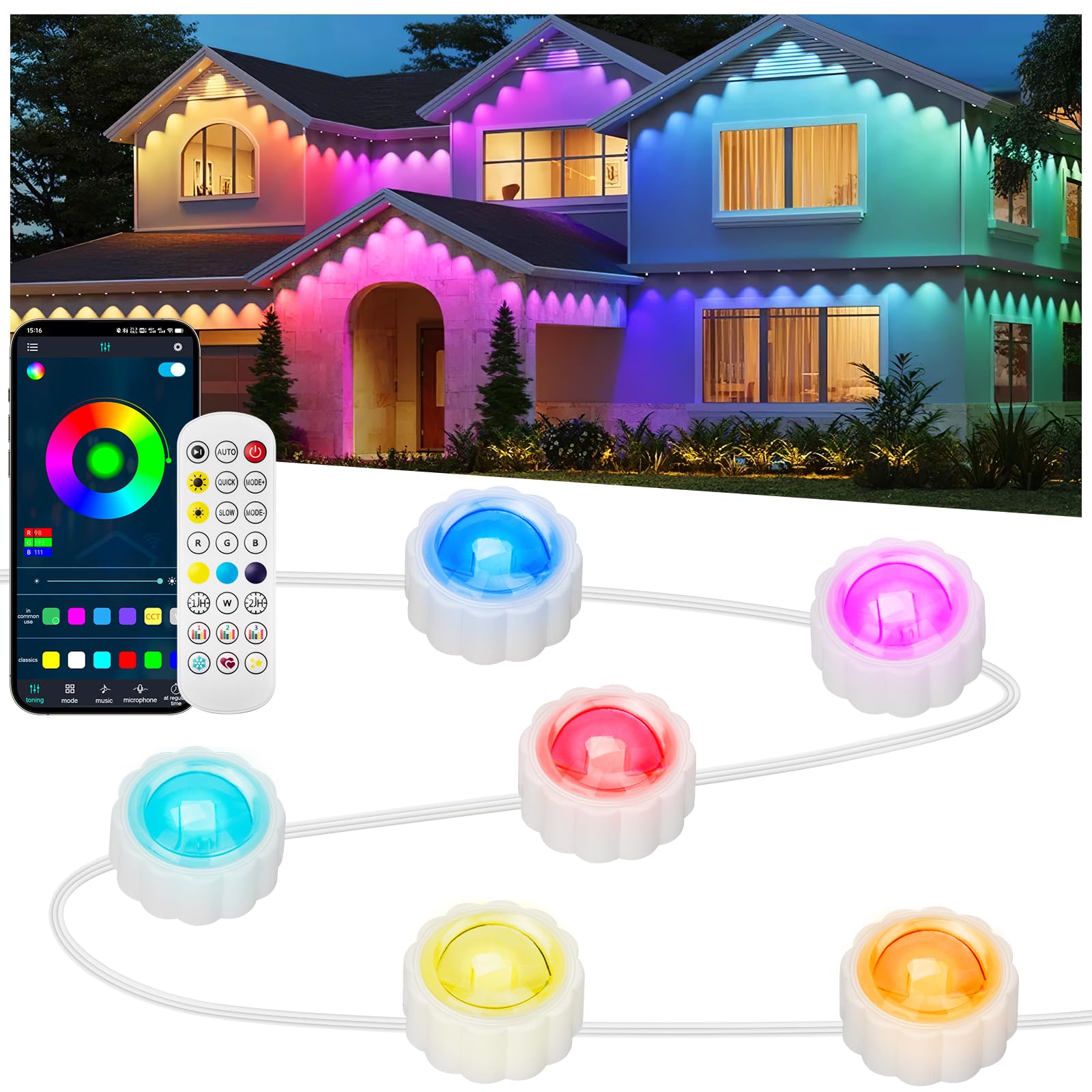 Permanent Outdoor Lights, 104ft RGBIC String Downlights with 76 LEDs ...