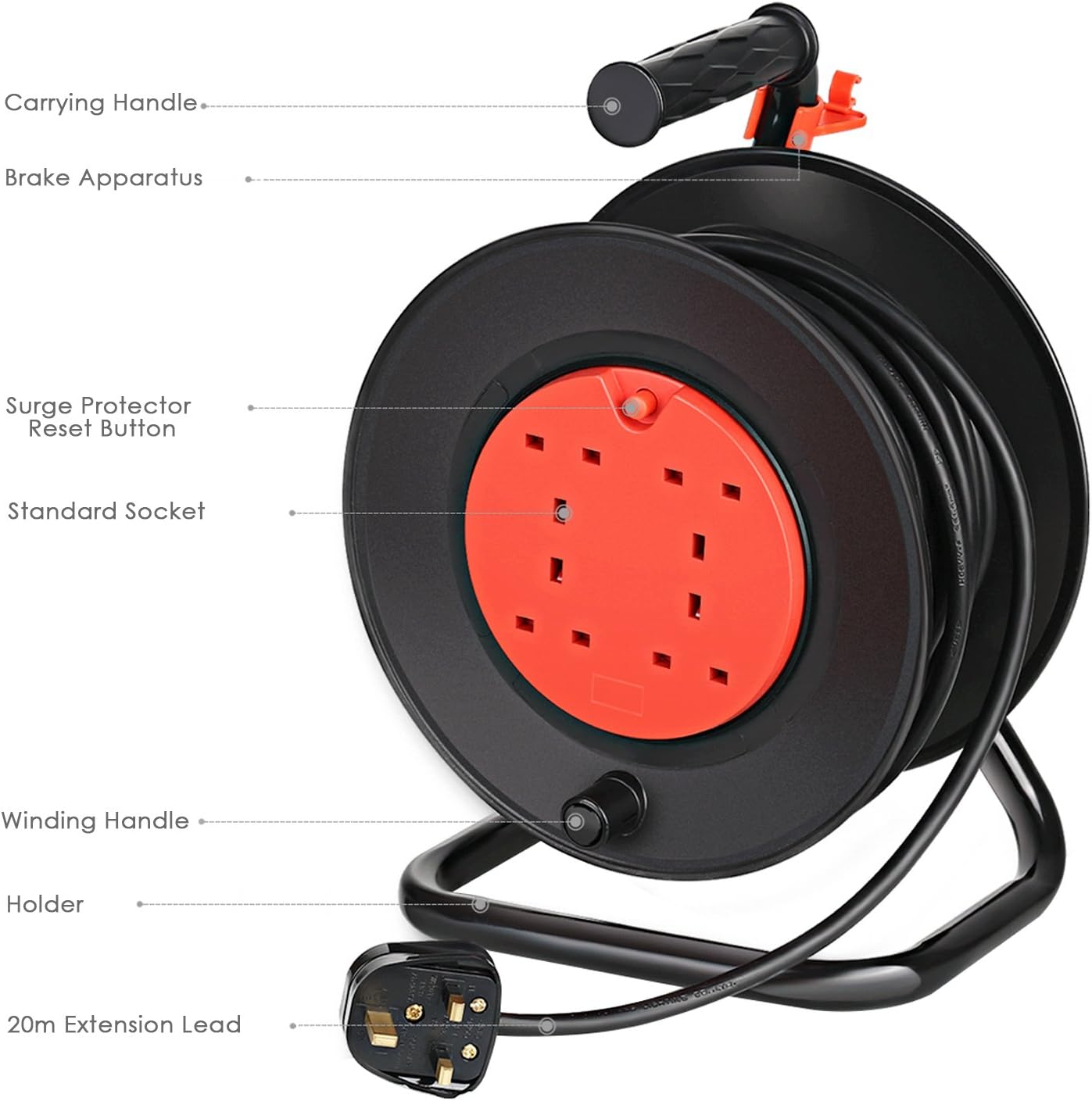 SIMBR Upgrade Extension Lead Cable Reel with Handle, 20M 13A 4 Plug ...