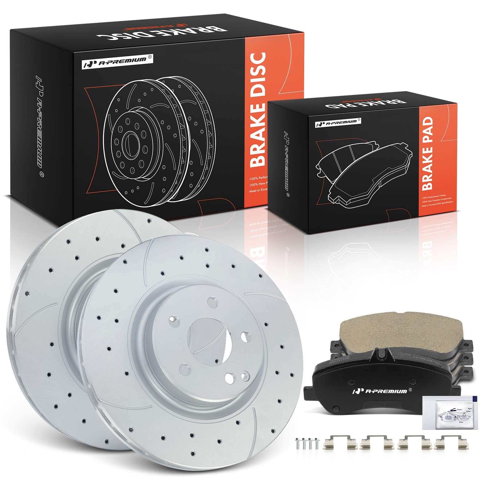 A-Premium 12.99 inch (330mm) Front Drilled and Slotted Disc Brake Rotors + Ceramic Pads Kit ...