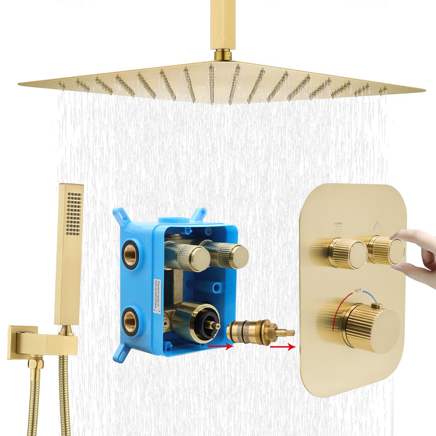 Backnets Thermostatic Shower System 16 Inch Ceiling Mount Brushed Gold ...