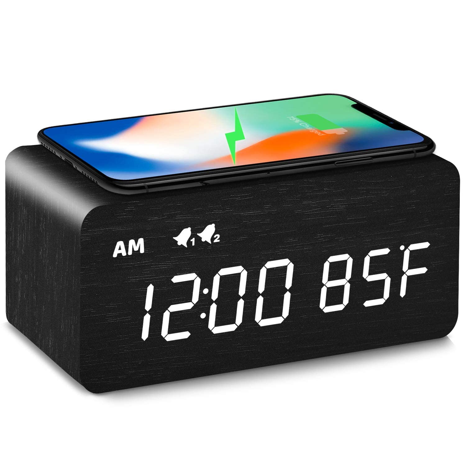 MOSITO Digital Wooden Alarm Clock with Wireless Charging, 0-100% Dimmer ...