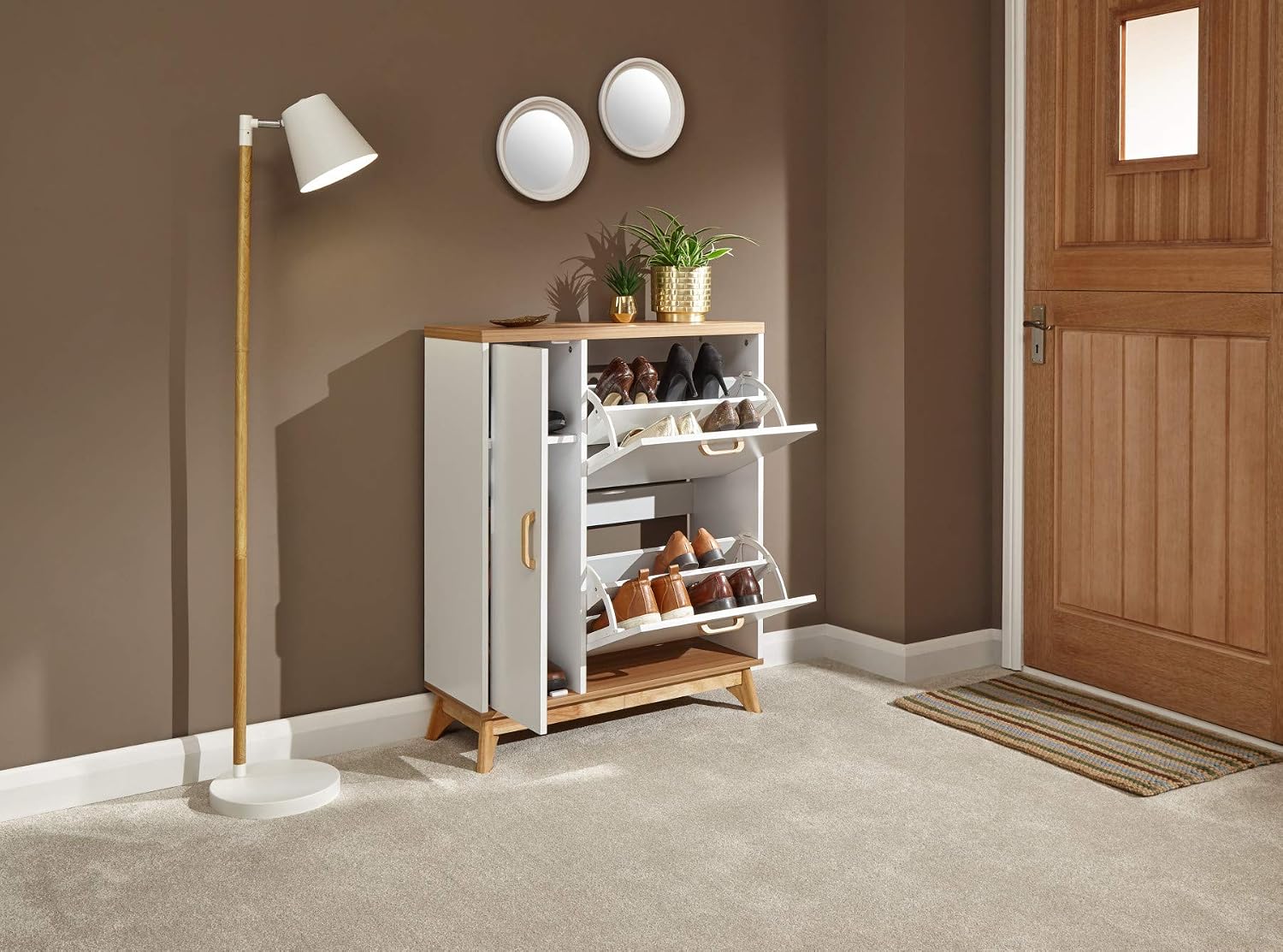 Home Source White Scandi Style Shoe Cabinet with Sleek Pivot Drawers ...