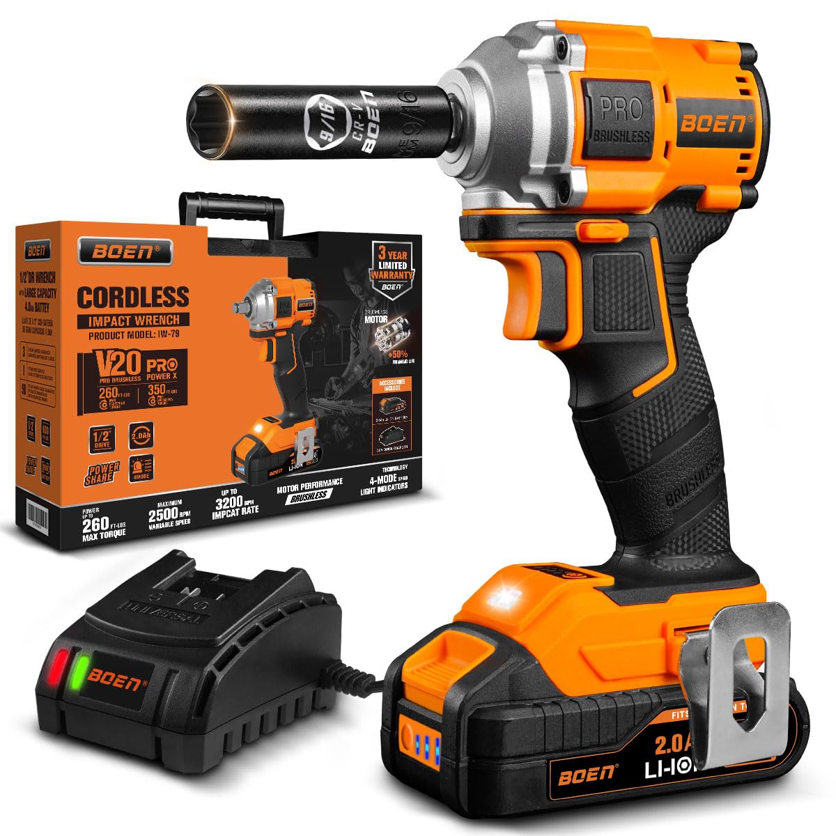 boen 260FT-LBS(350N.m) Cordless Impact Wrench 1/2 inch, Lightweight ...
