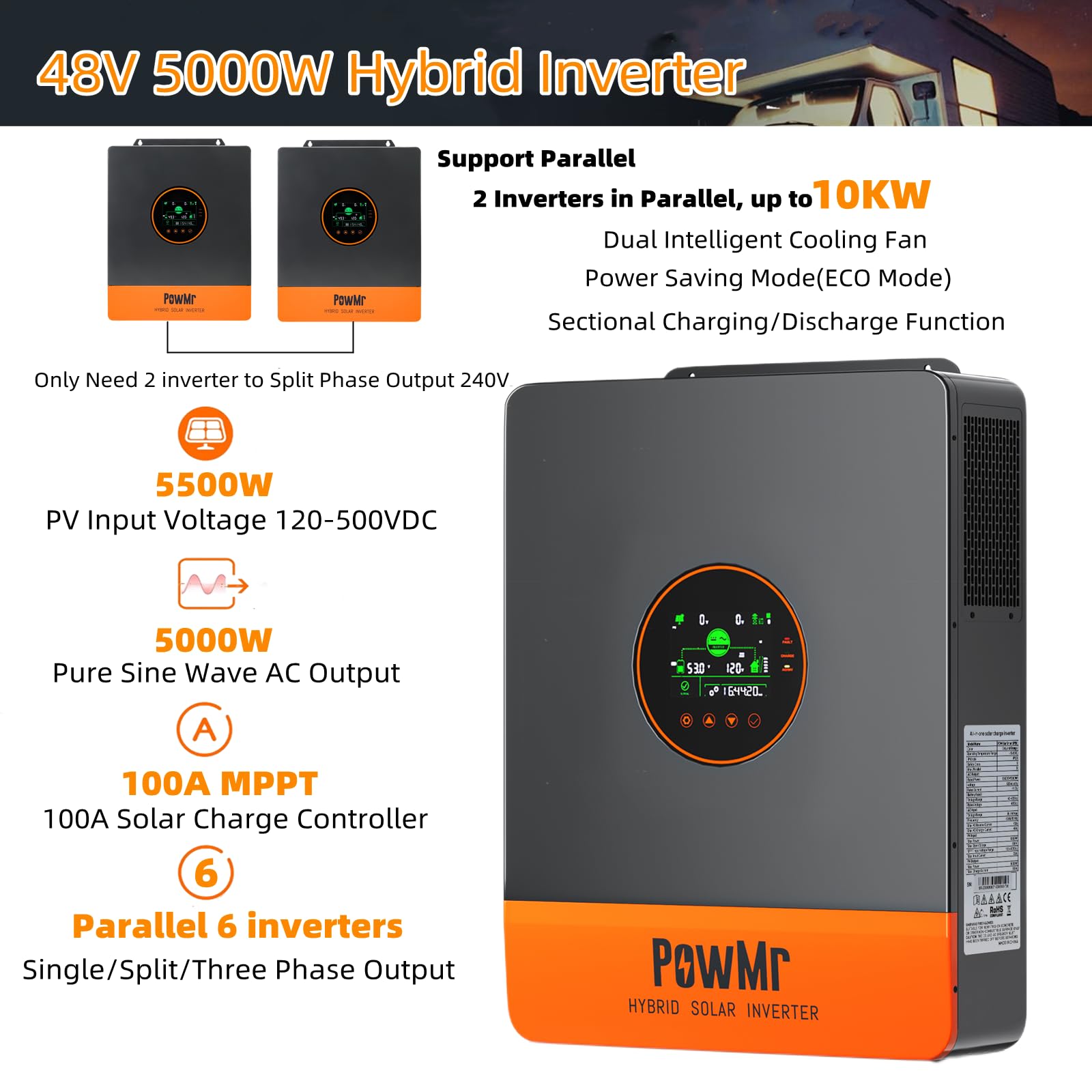 Mua PowMr 5000W Solar Inverter 48V DC to 110V/240V AC Split Phase Inverter Pure Sine Wave Power ...