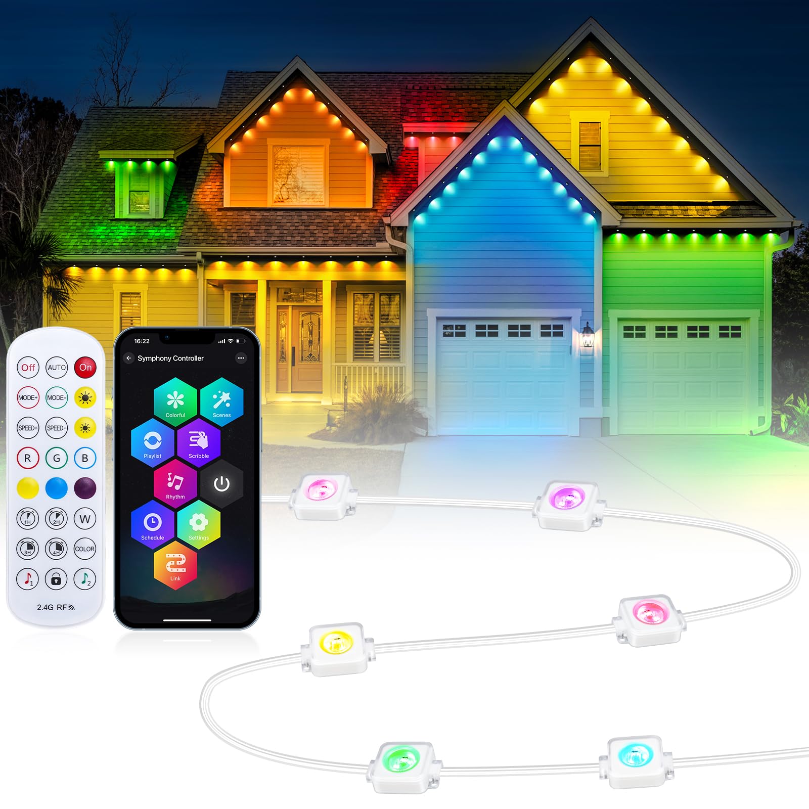 REYLAX RGB Permanent Outdoor Lights 100ft 60 LEDs Eaves Lights ...