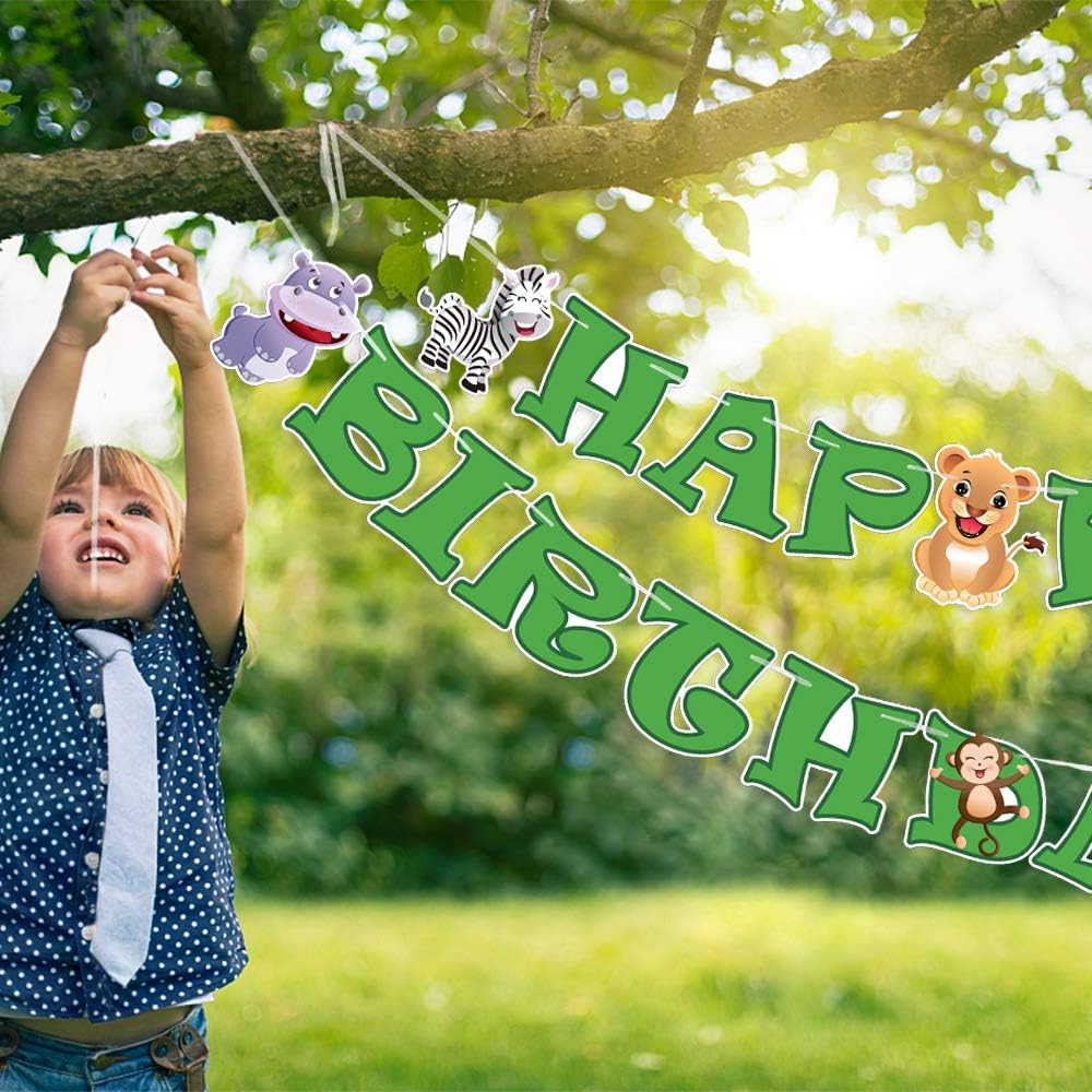 WERNNSAI Jungle Safari Happy Birthday Banner – Zoo Animals Theme Party ...