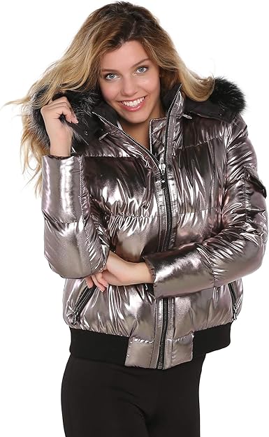 Amazon.com: Metalic Bronze Puffer Woman Jacket with Real Fur: Clothing