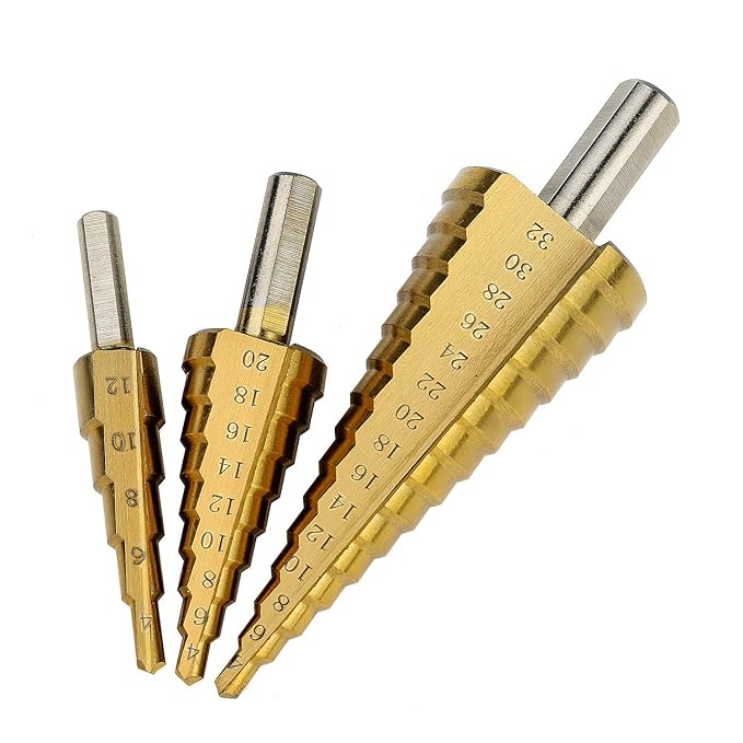 SOLEDI Set of 3 HSS Cone-Shaped Drill Bits Titanium Alloy Gold-Coloured ...