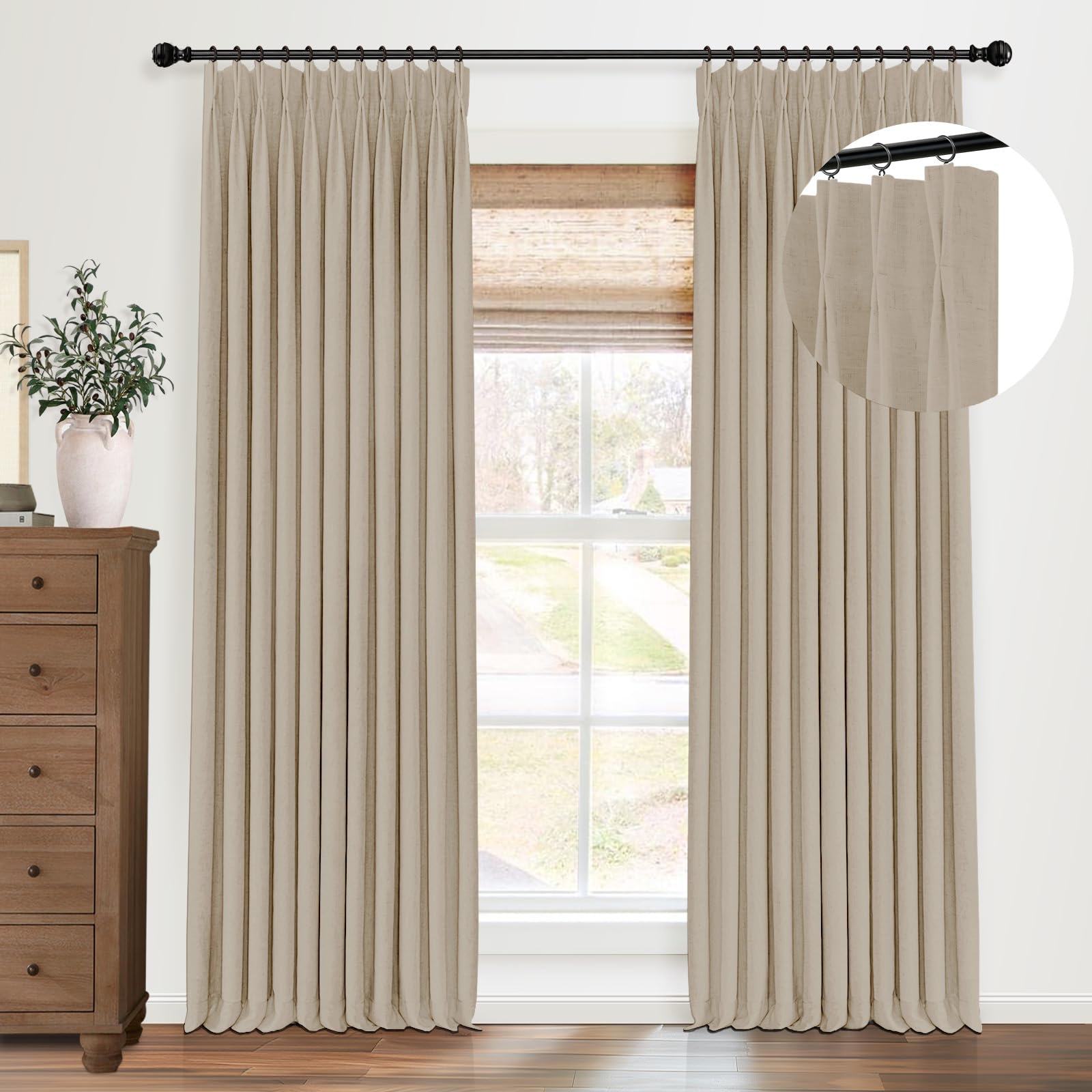 CAPALOCA Linen Pinch Pleated Curtains 100% Blackout Curtains Pinch ...