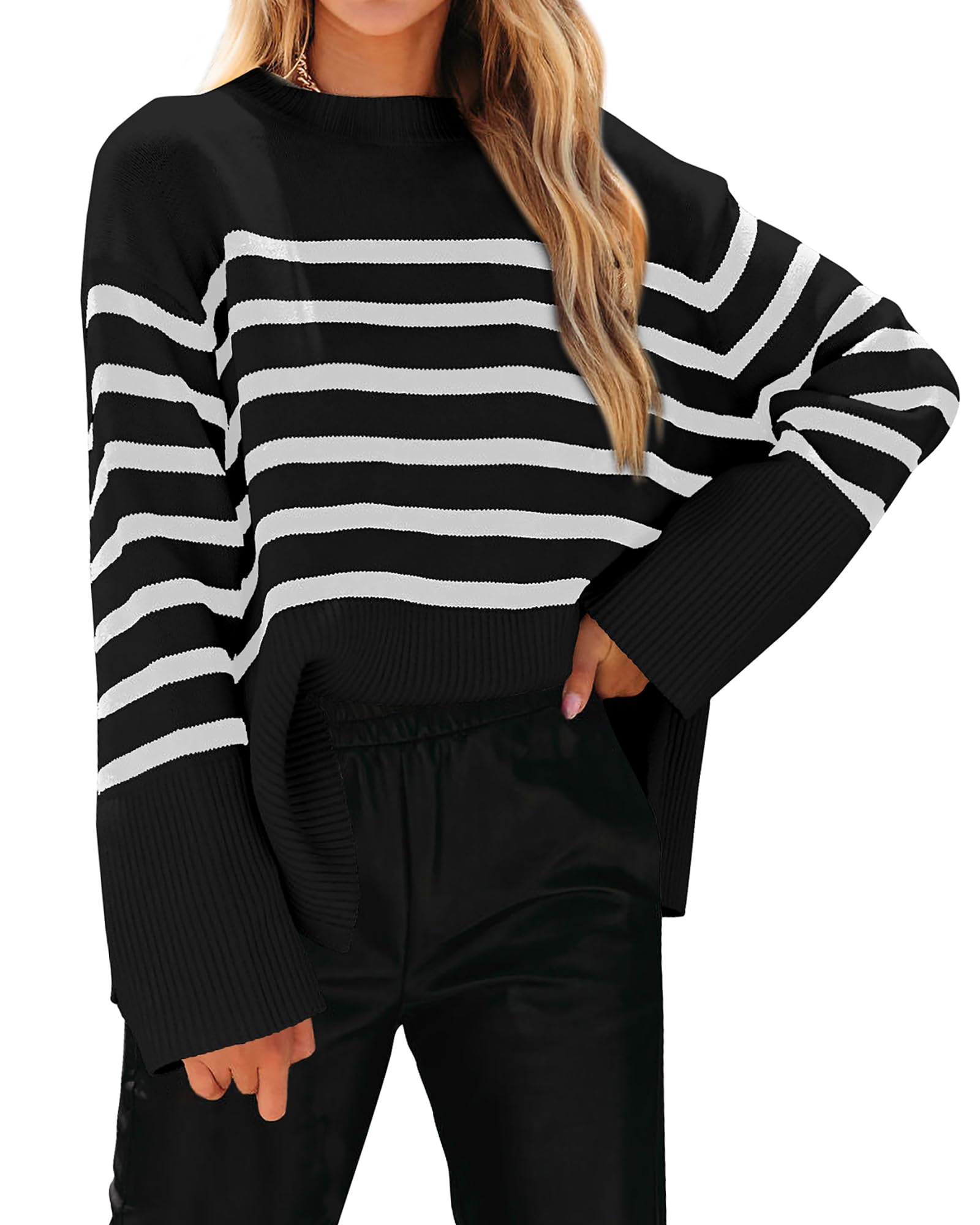 KIRUNDO Women's Striped Knit Oversized Fall Sweaters 2025 Trendy ...