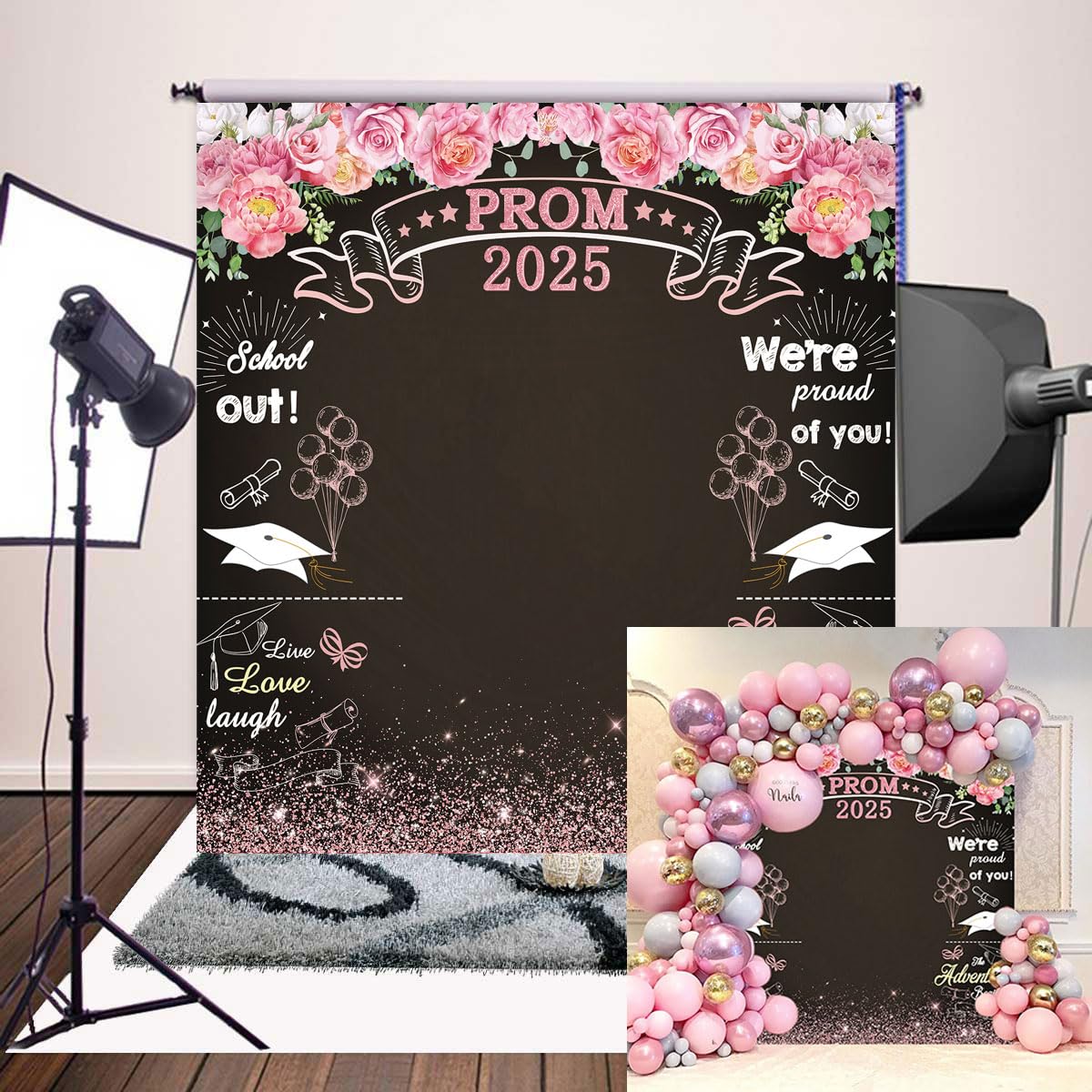 Pink Flowers Prom 2025 Backdrop 6x6FT Rose Gold Graduation Photography ...