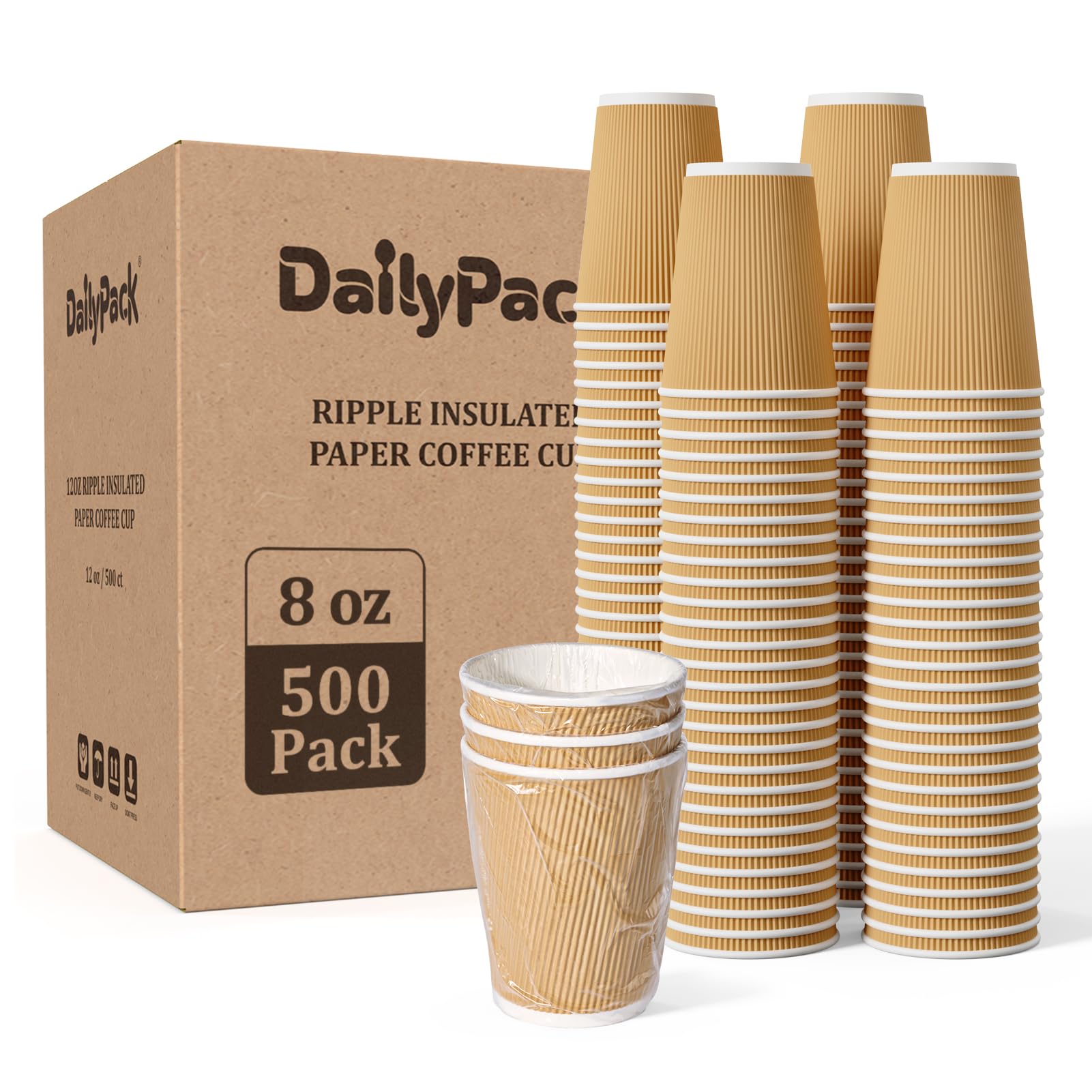DAILYPACK 500 Pack 8 oz Paper Coffee Cups, Ripple Insulated Paper Cups ...