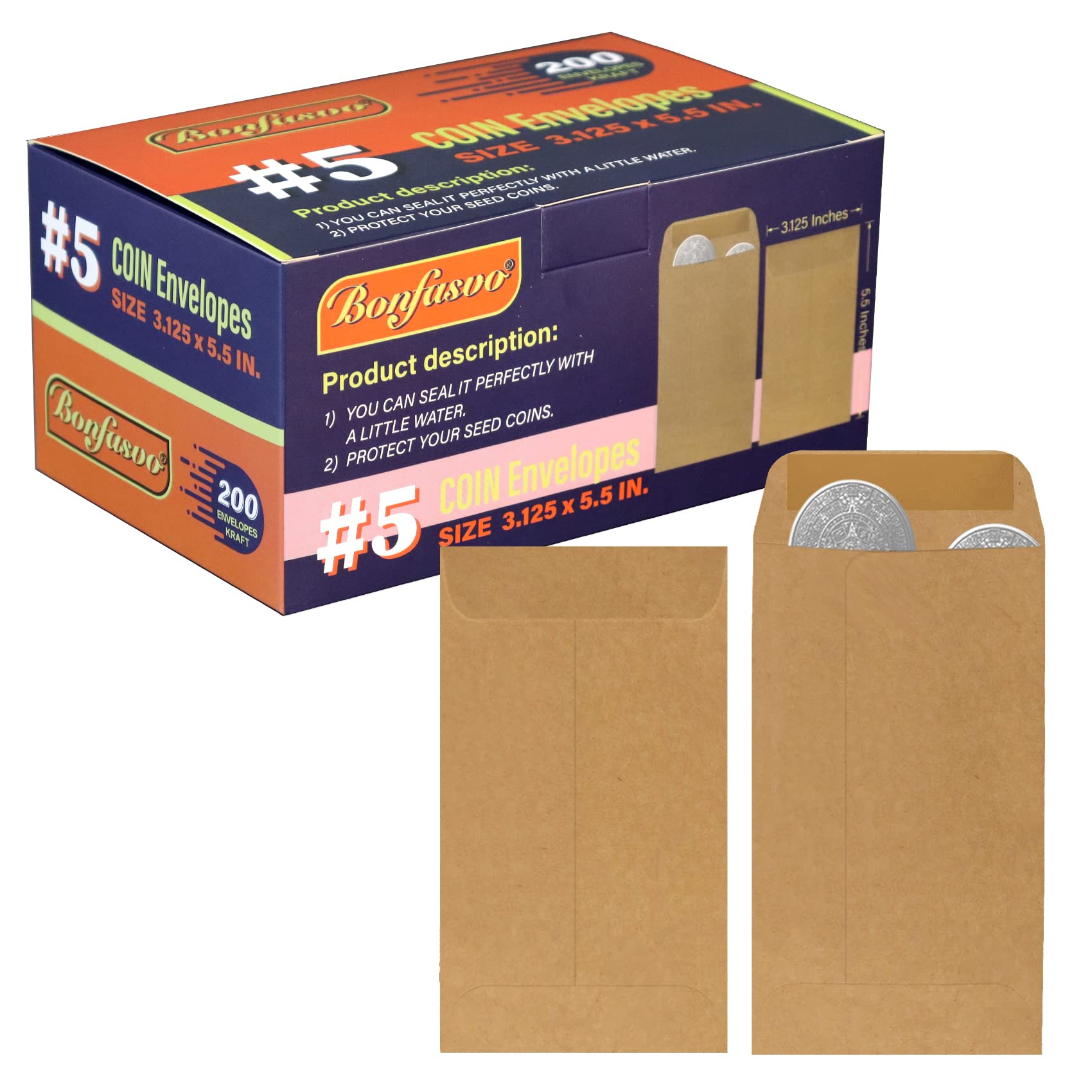 Bonfasvo 200 Pack #5 Kraft coin envelope 3.125 x 5.5 inches Kraft ...