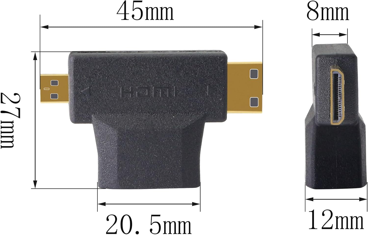 2 in 1 HDMI Adapter, Right Angle Mini/Micro HDMI to HDMI Gold Plated ...