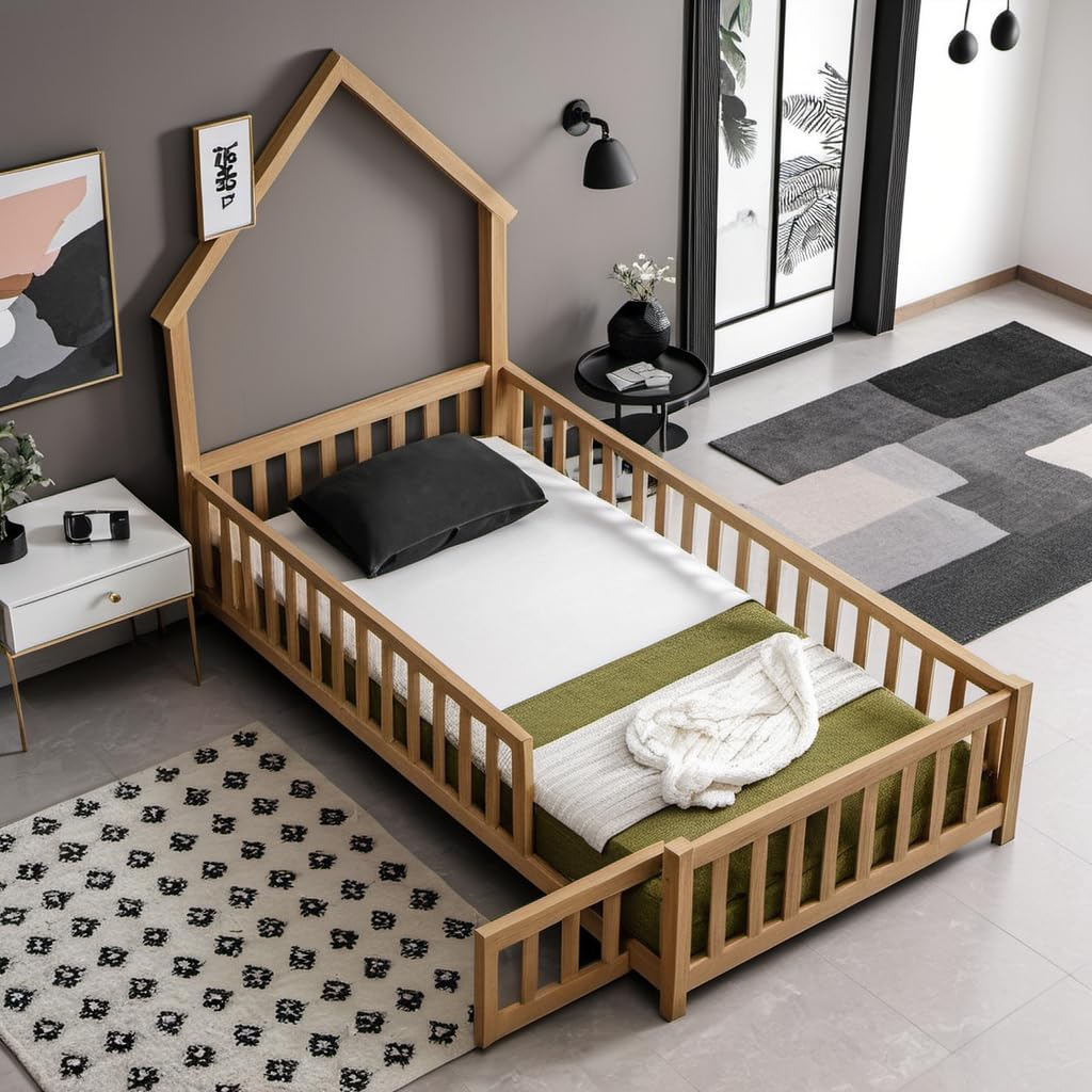 PVWIIK Twin Size Floor Bed with Door & Fence for Kids Boys Girls ...