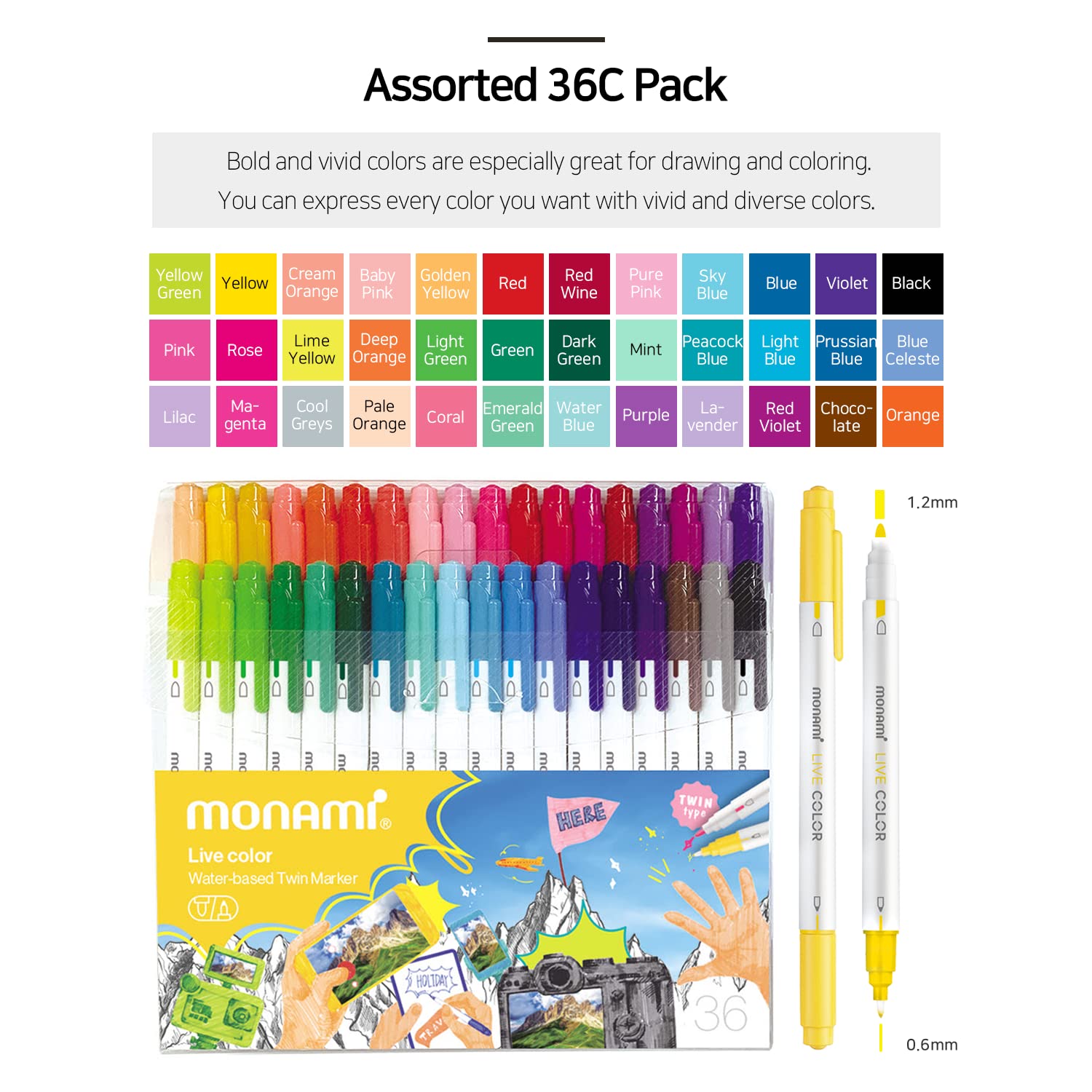 Mua MONAMI LIVE COLOR Water-Based Twin Marker, Fine & Bullet Dual Tip ...