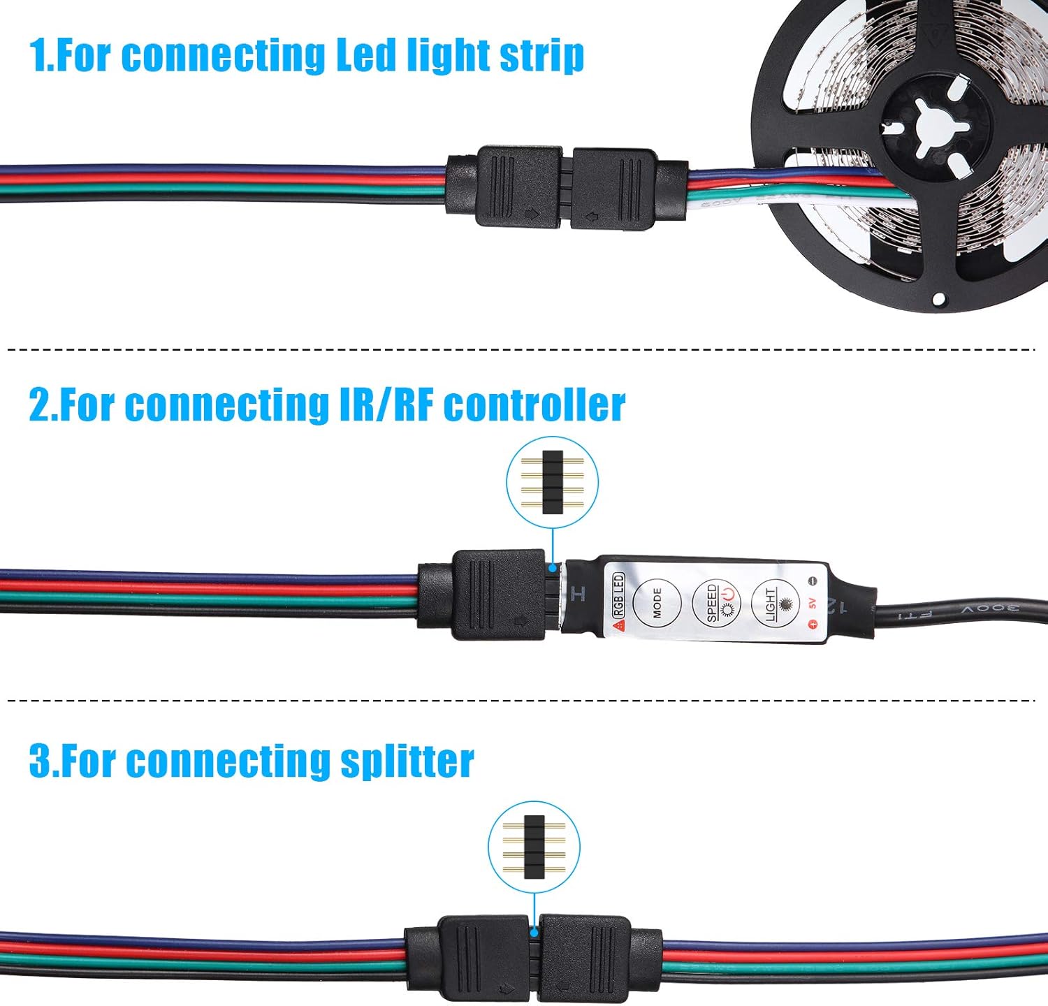20 Pieces LED RGB Strip Light Connector Male and Female Connector Wire ...