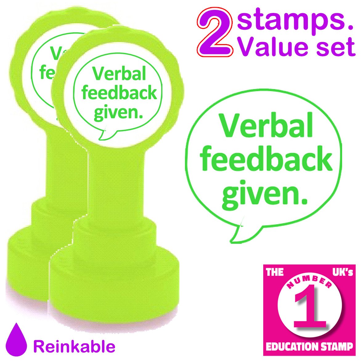 2 x Verbal feedback given (Green Ink) Teacher Stamp. Refillable, 22mm ...