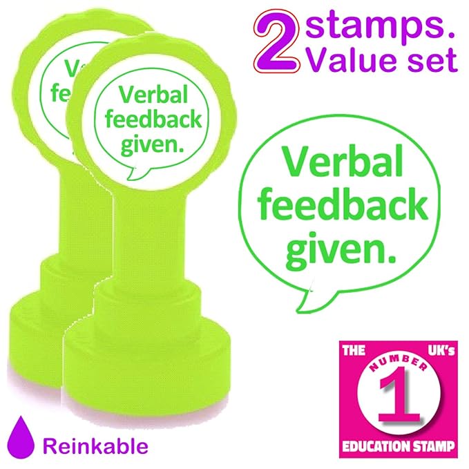 2 x Verbal feedback given (Green Ink) Teacher Stamp. Refillable, 22mm ...