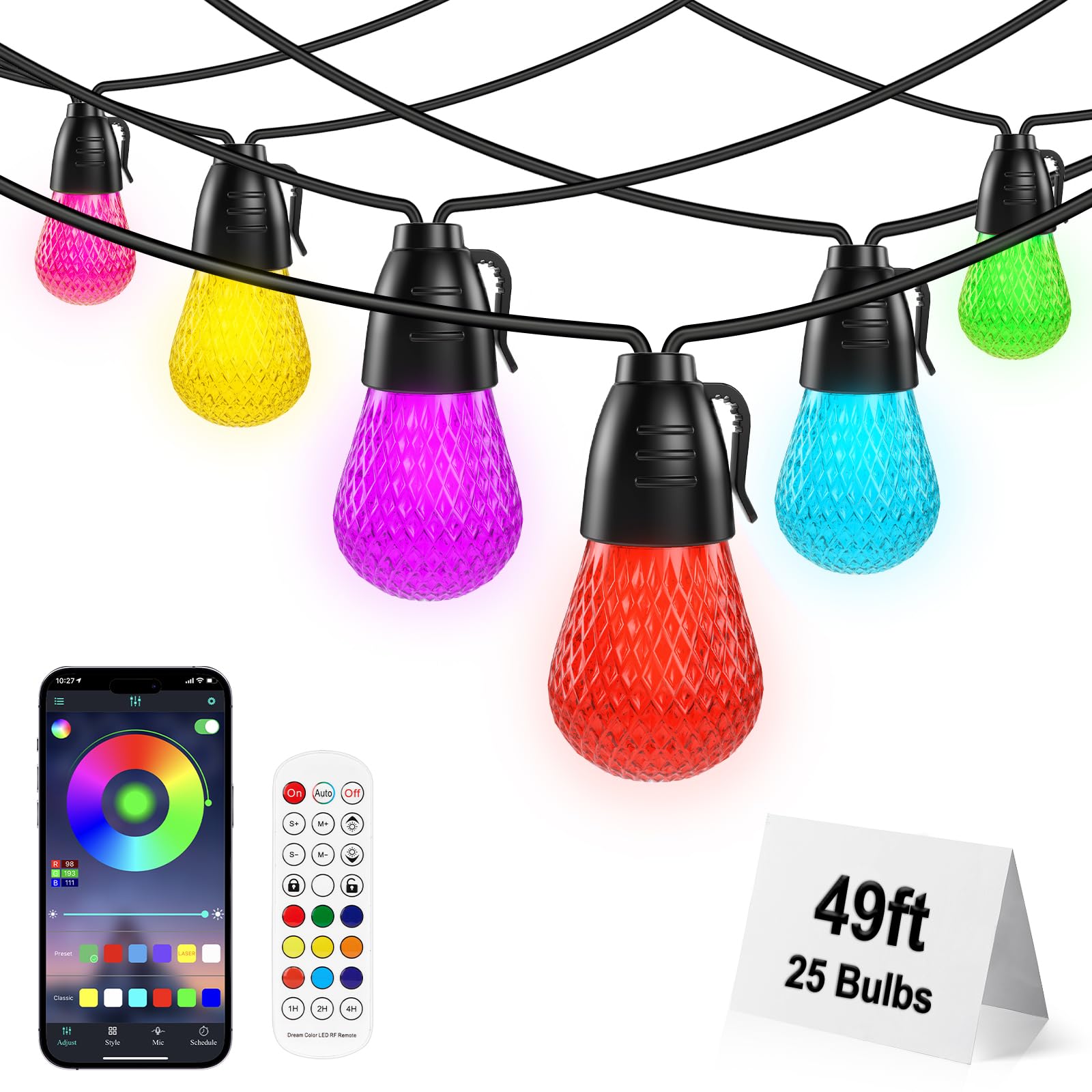 Outdoor String Lights, 49FT RGB Patio Lights with IP66 Waterproof 25 ...