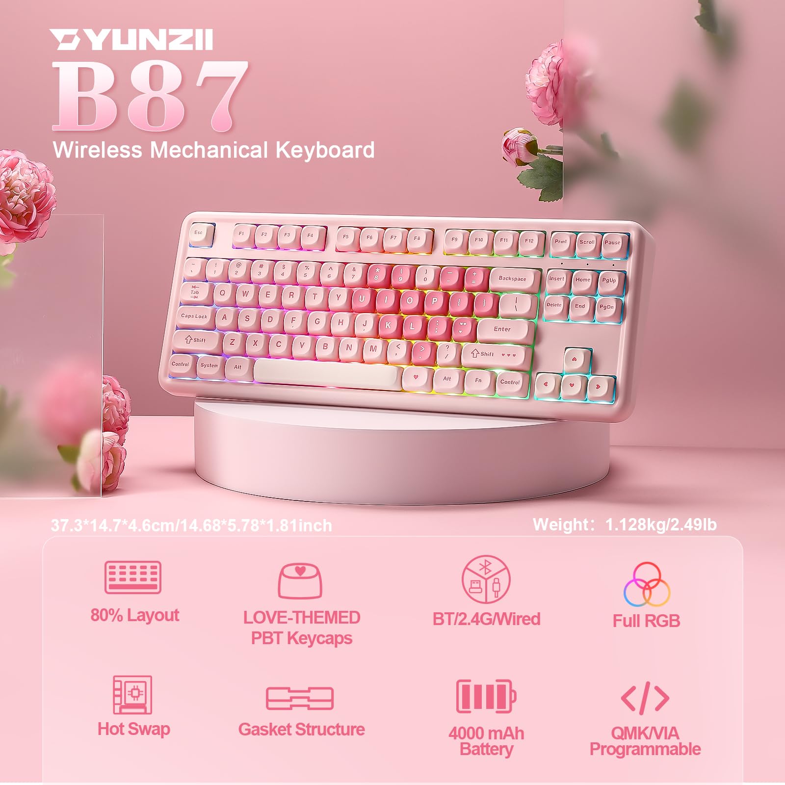 Mua YUNZII B87 Wireless Mechanical Keyboard,QMK/VIA Programmable,TKL ...
