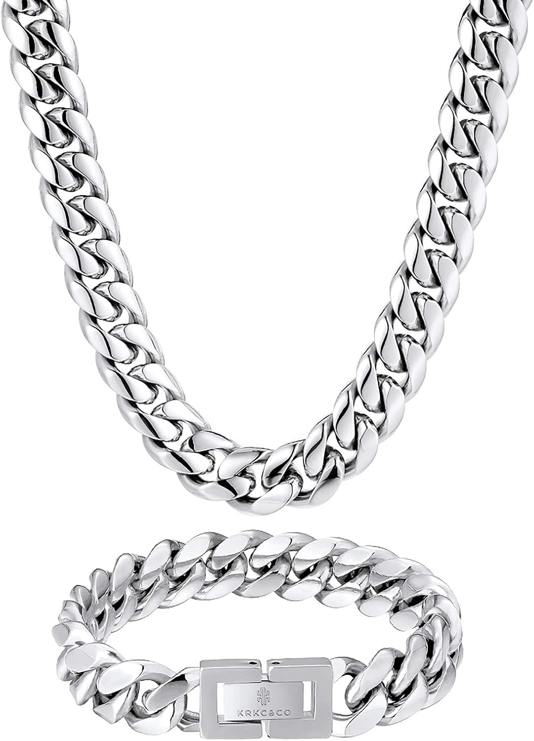 KRKC&CO 12mm Silber Cuban Link Chain Set, Cuban Chains Cuban Armband Herren Panzerkette ...