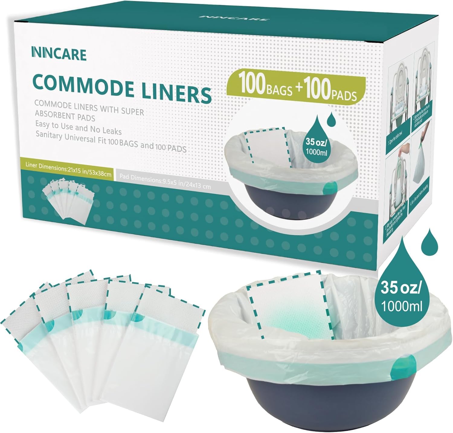 ININCARE Commode Liners with Absorbent Pads?Value Pack 100 Count ...