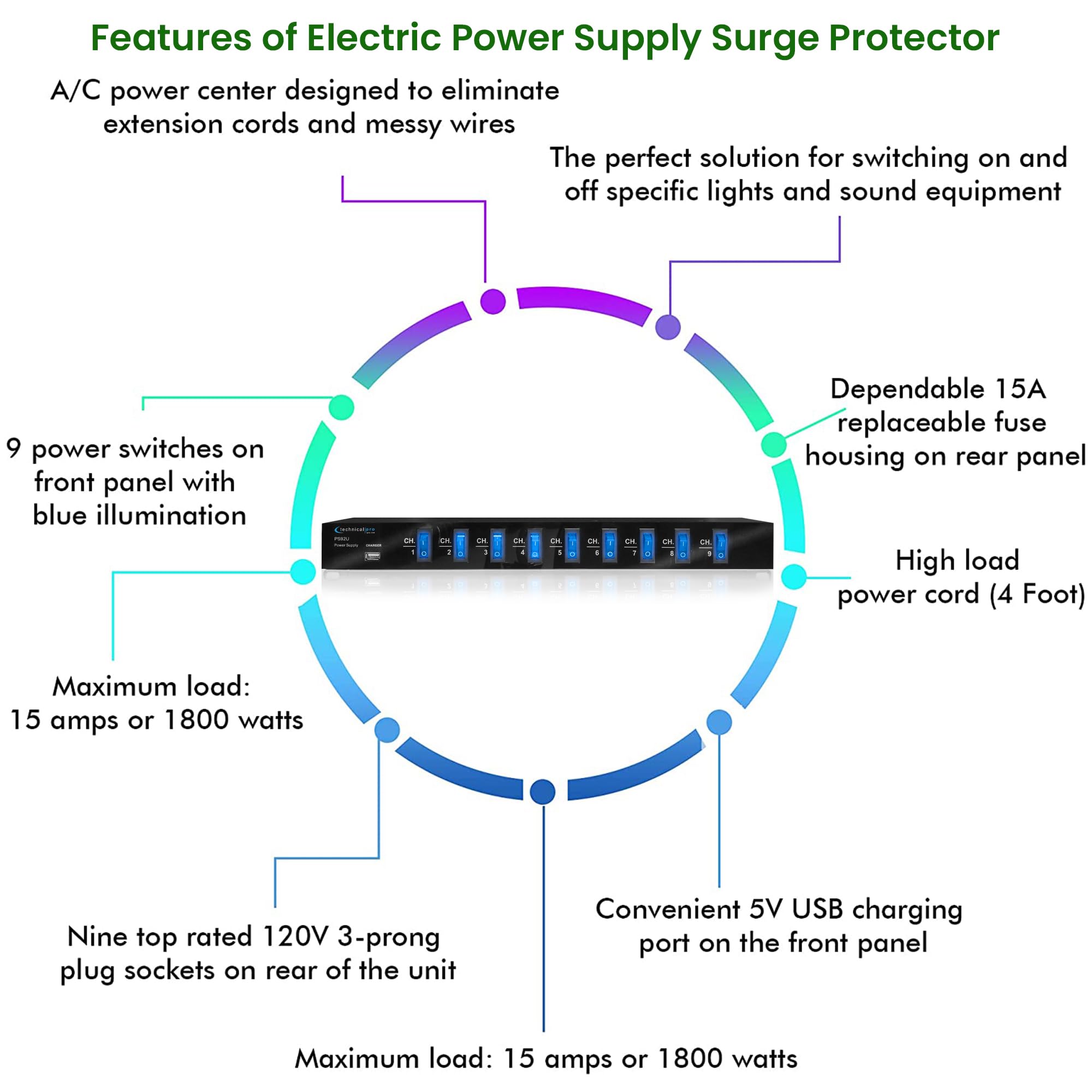 Mua Technical Pro Power Supply Strip - 9 Power Outlet with Switches, 5V ...